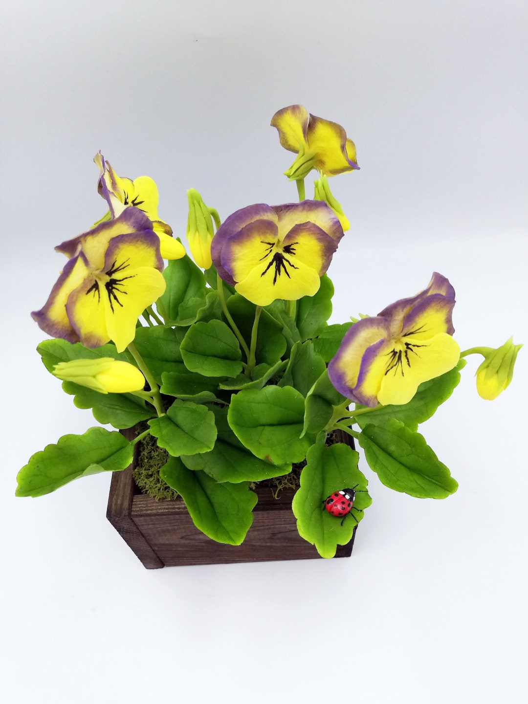 Handmade Polymer Clay Pansies in Wooden Pot: Rustic Floral Arrangement ...