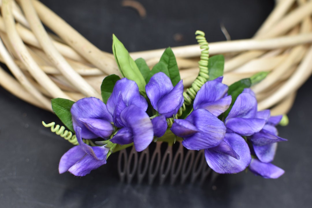 Violet Sweet Pea Hair Comb Cold Porcelain Flower Handmade Sweet Pea ...