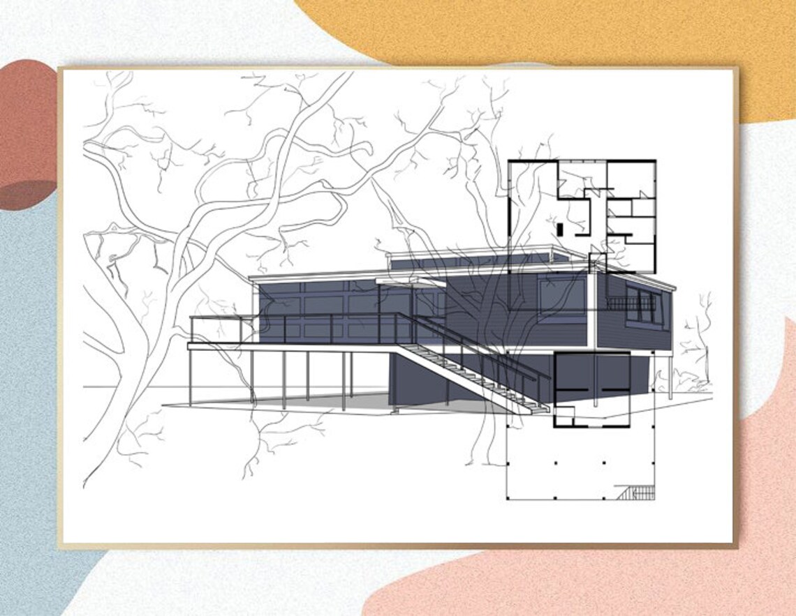 Midcentury Retro Modern Architecture House Drawing - Etsy