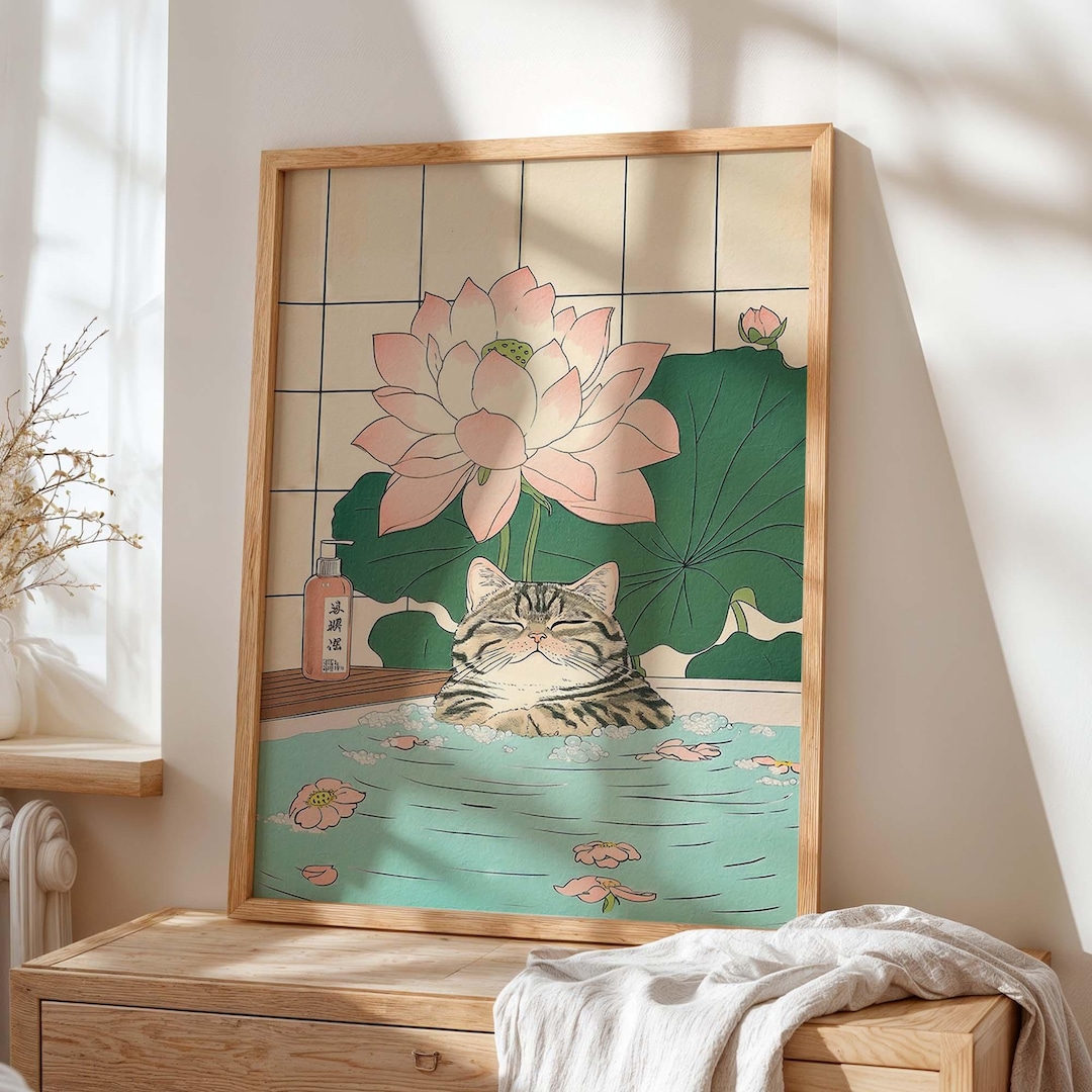 Tabby Cat Lotus Bath Print, Japanese Ukiyo-e Art (digital Download) - Etsy