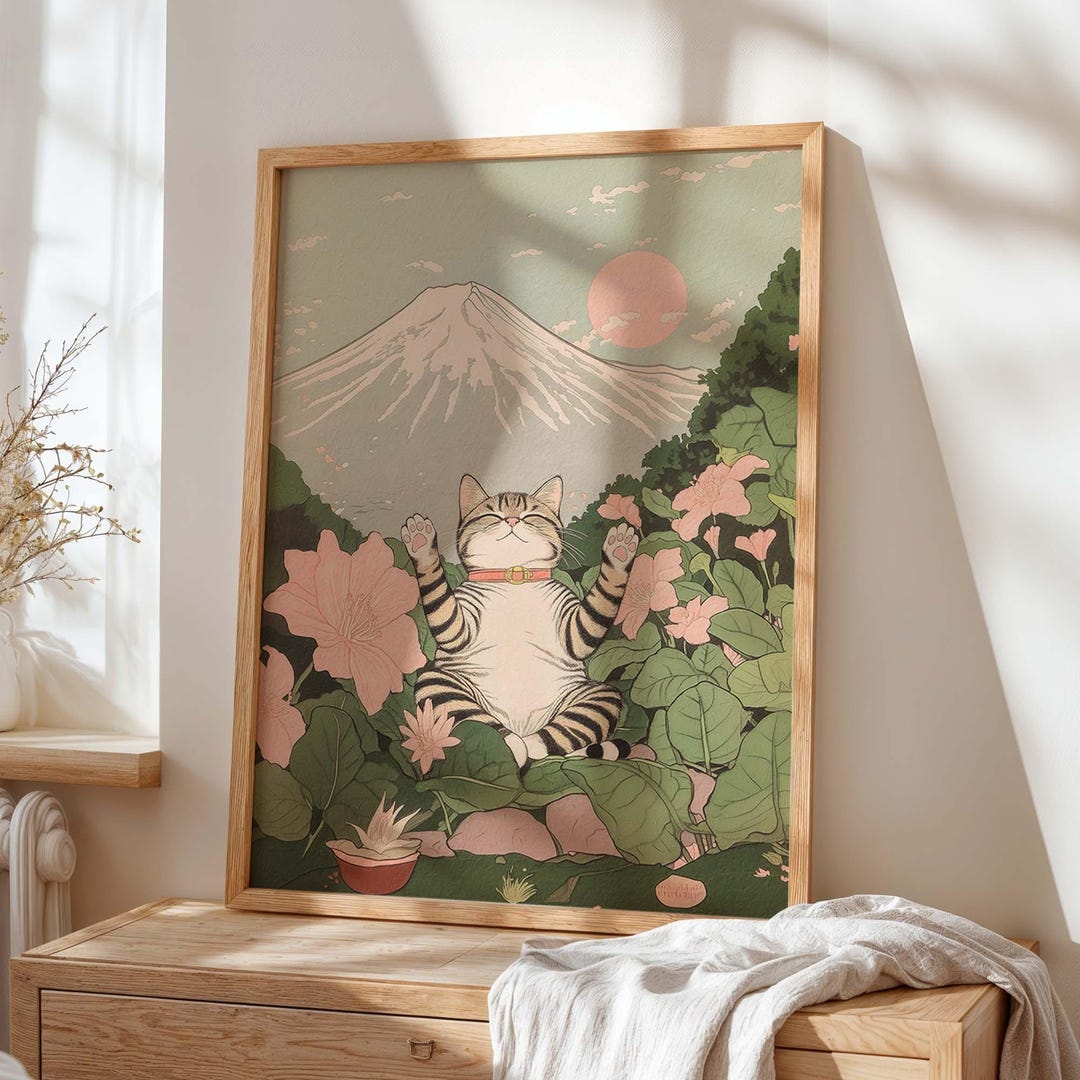 Zen Tabby Cat Ukiyo-e Print, Mt Fuji Japanese Wall Art (digital ...