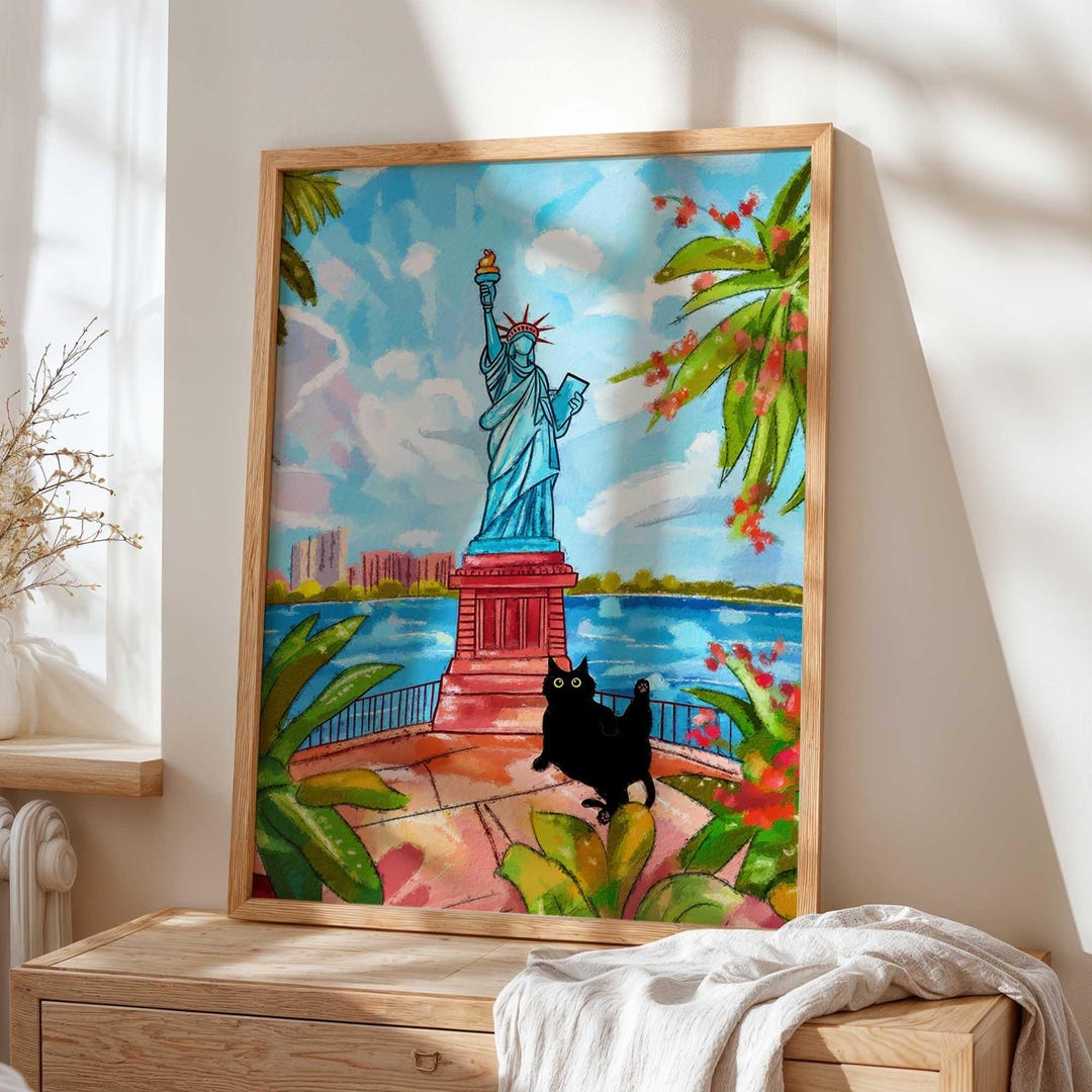 Black Cat Statue of Liberty Printable, New York Travel Wall Art Digital ...