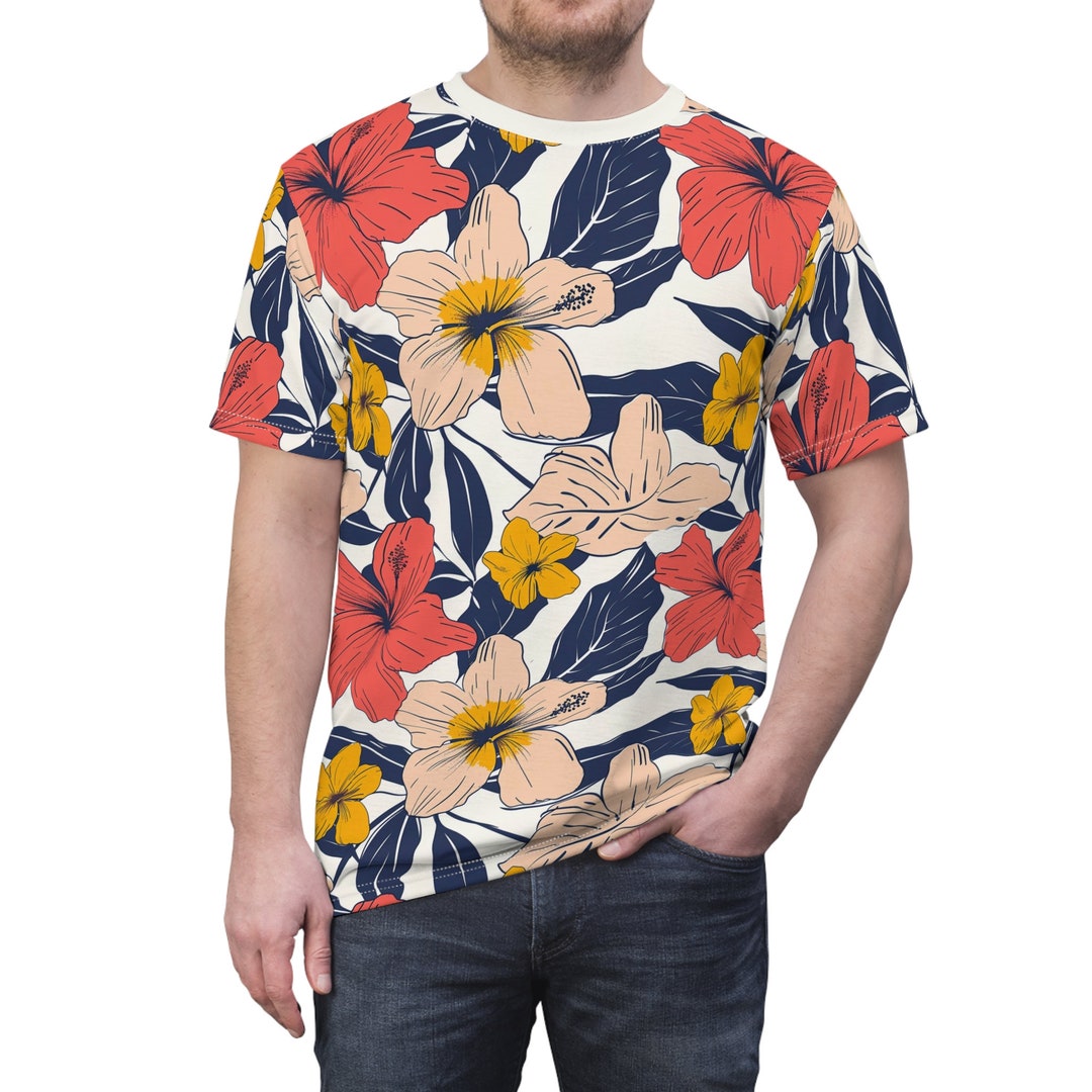 Tropical Sunset Blossom Tee Orangish Red & Pinkish Tan Floral Shirt - Etsy