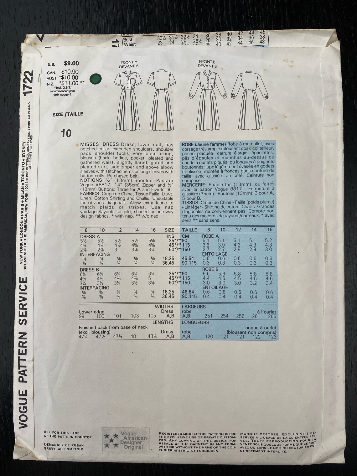 Vogue American Designer Ralph Lauren Sewing Pattern 1722 80s Shirtdress ...