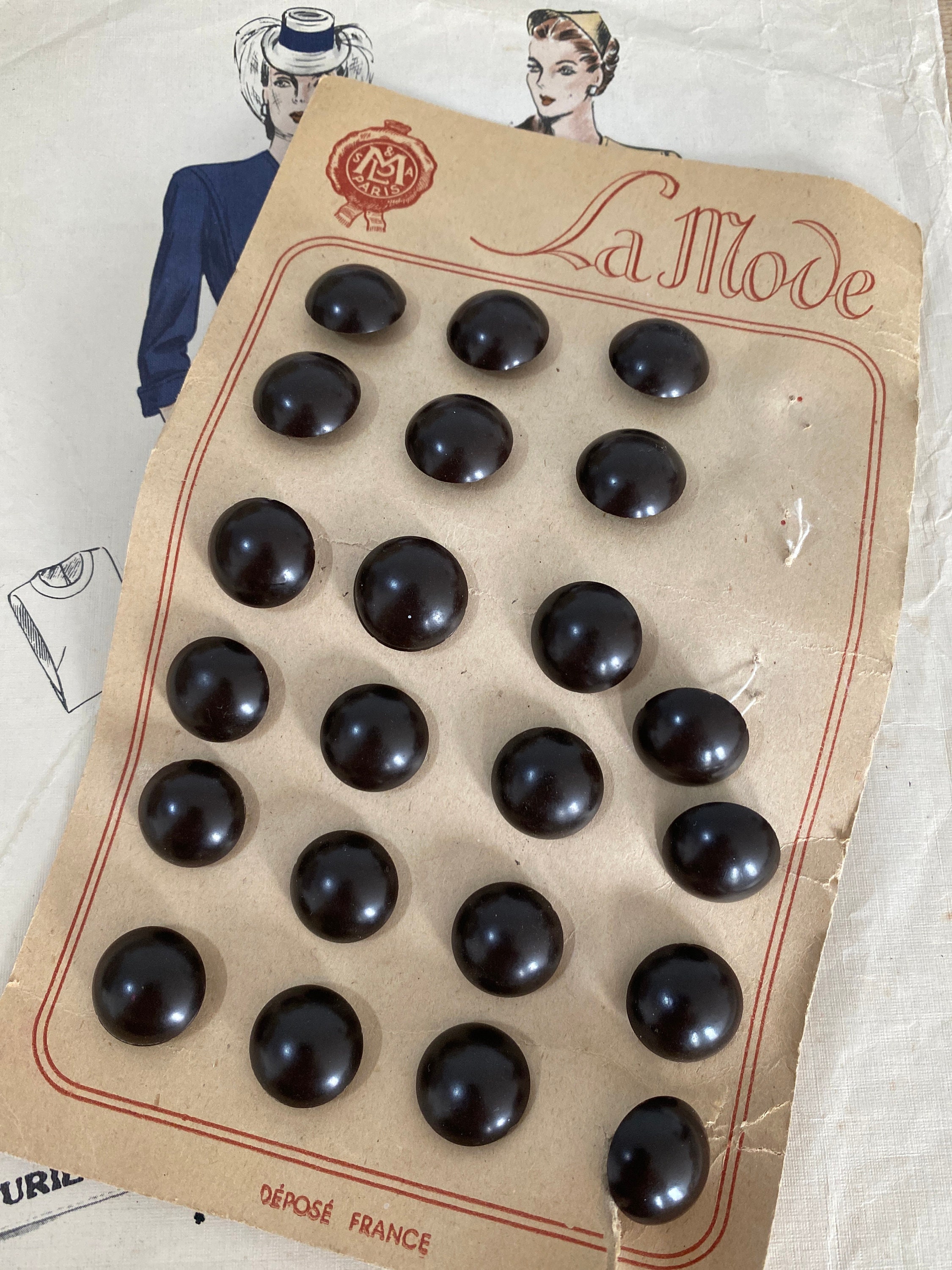 Vintage French Buttons. 22 Brown Buttons on Card 7mm. Antique Buttons ...