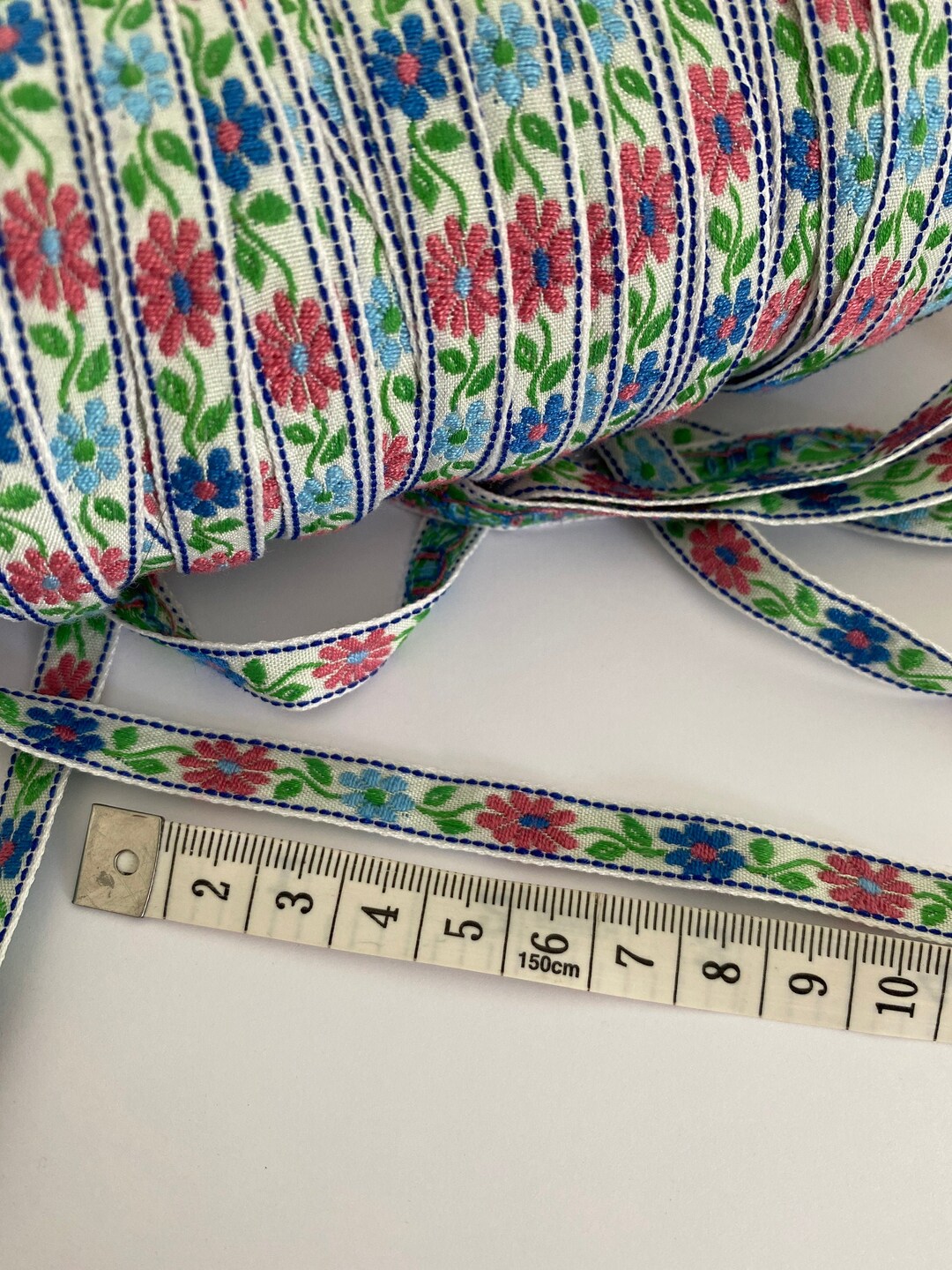 Daisy Flower Ribbon Pink and Blue Flowers Vintage Style Woven Jaquard ...