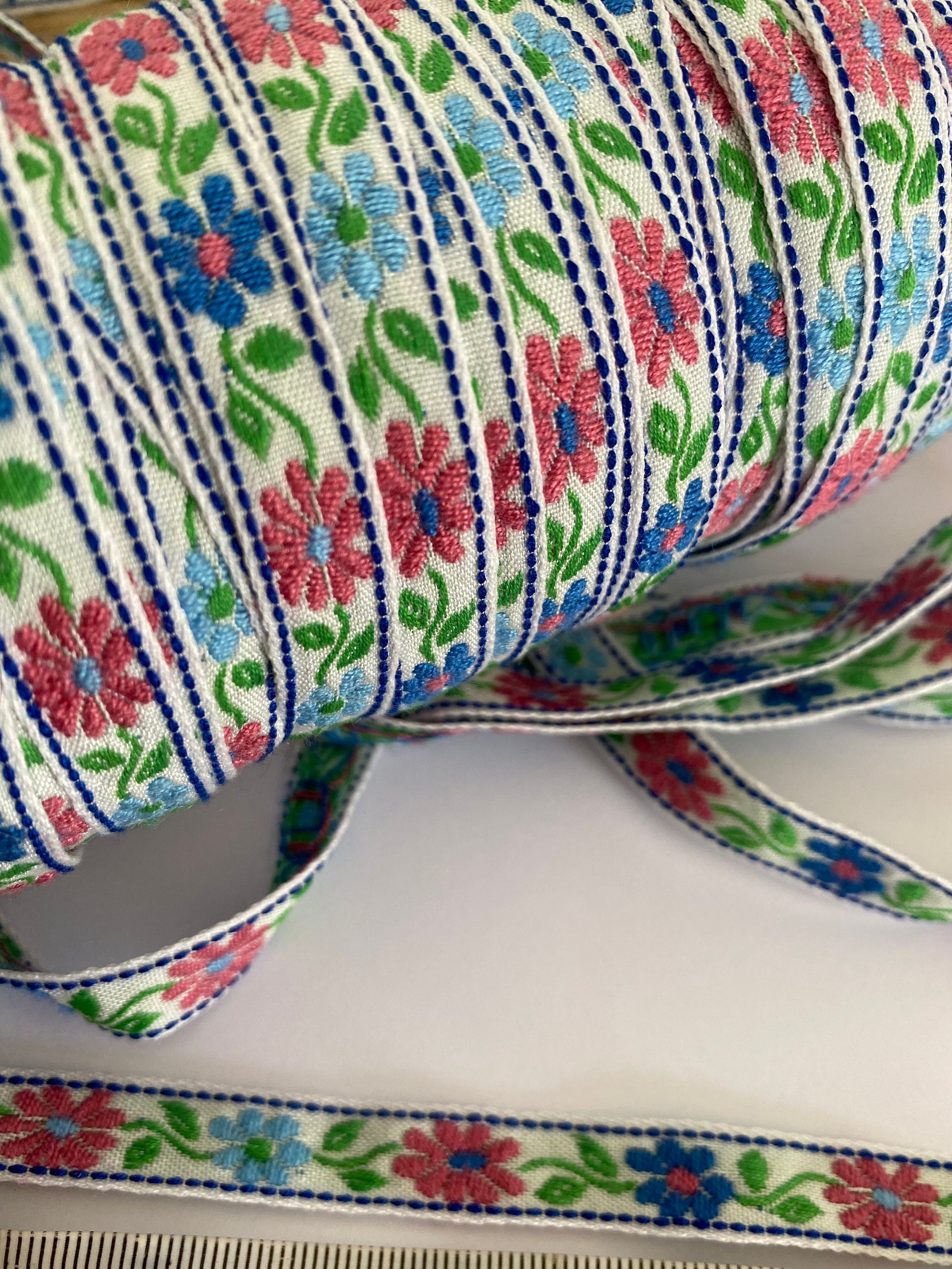 Daisy Flower Ribbon Pink and Blue Flowers Vintage Style Woven - Etsy UK