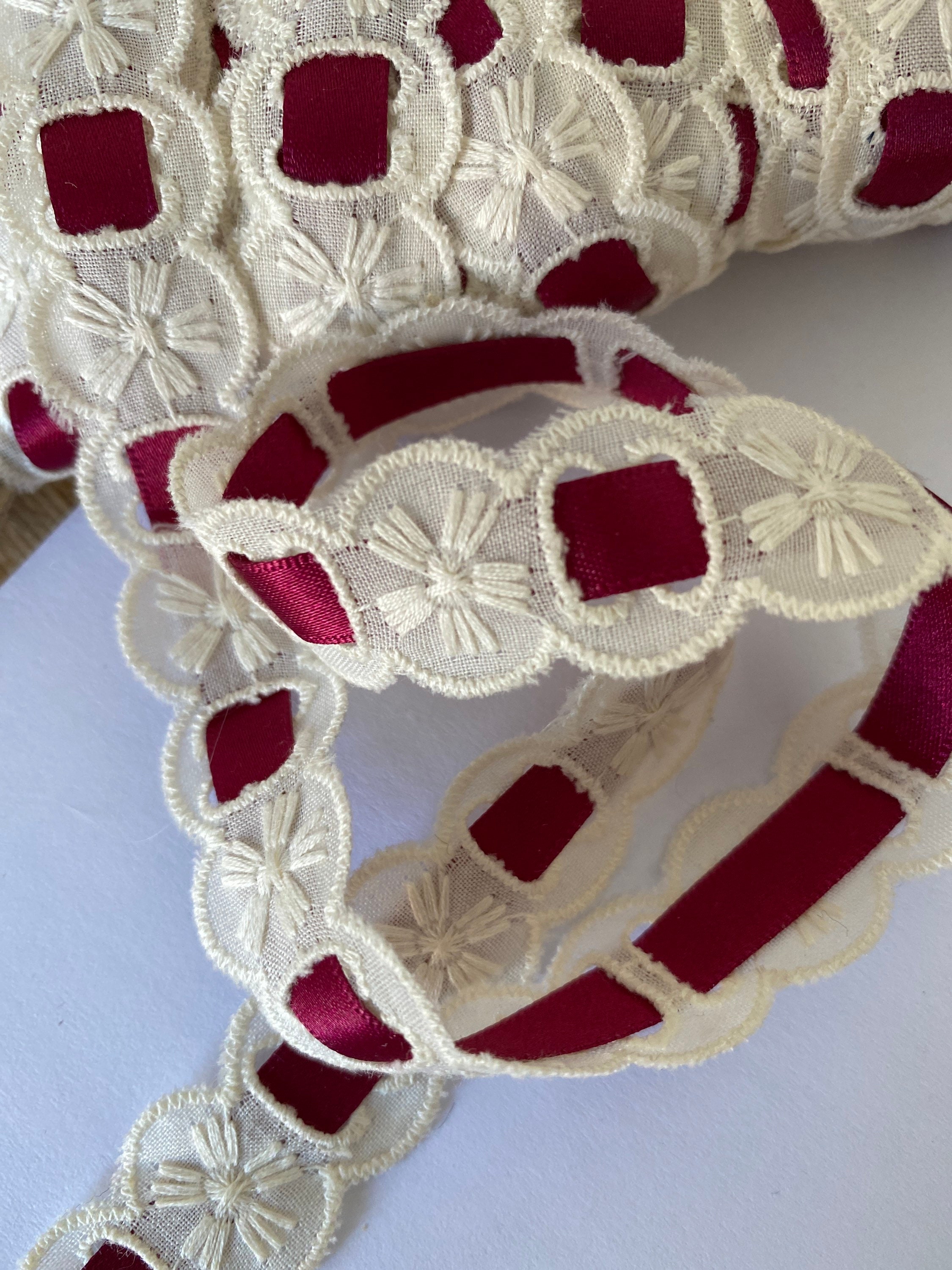 Vintage Embroidery Anglaise Trim With Ribbon Woven Embroidered Cotton ...