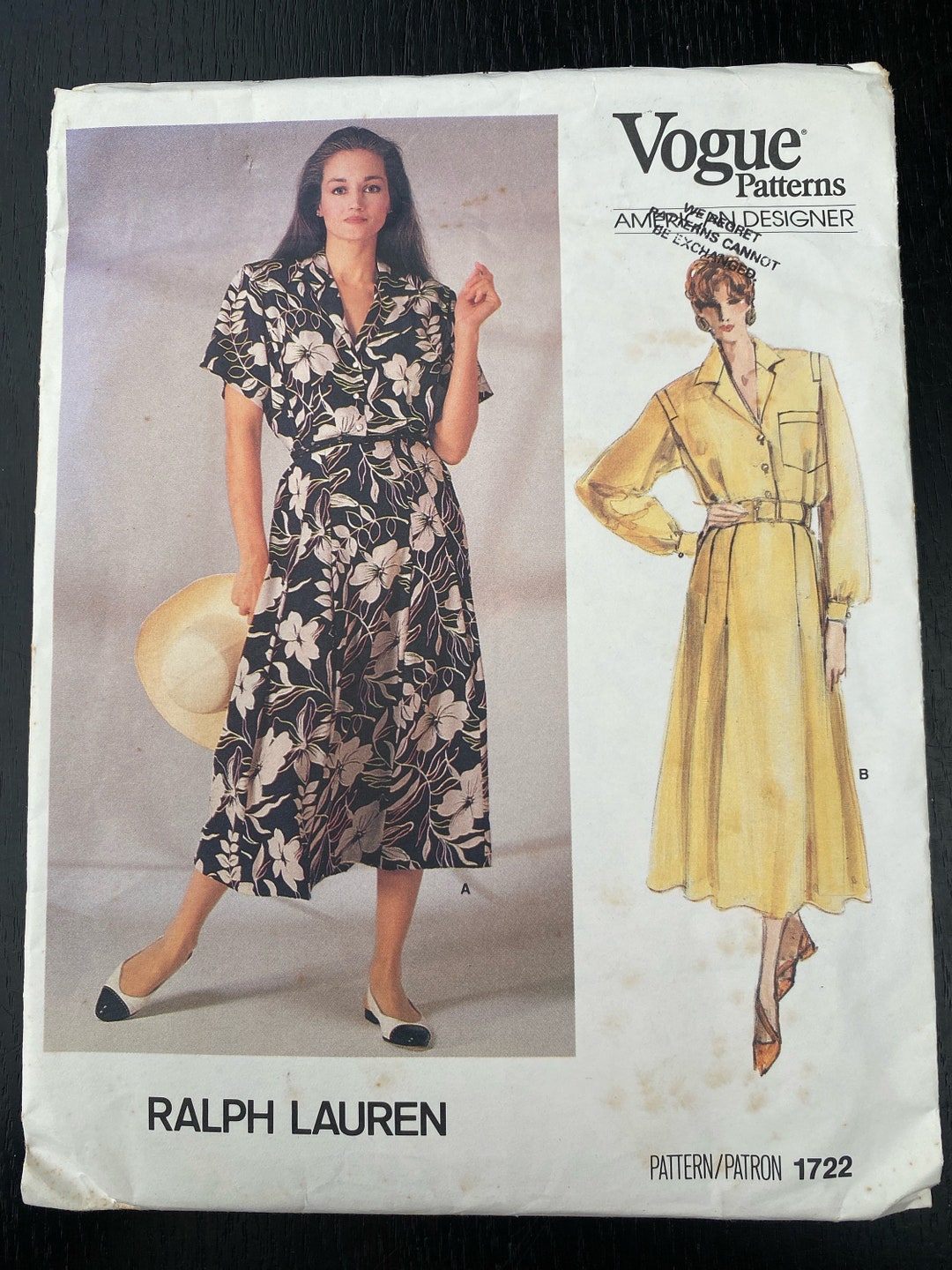 Vogue American Designer Ralph Lauren Sewing Pattern 1722 80s Shirtdress ...