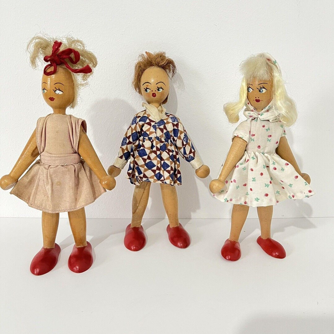 Vintage Polish Wooden Peg Peggy Dolls Original Dresses & Hair Handmade ...