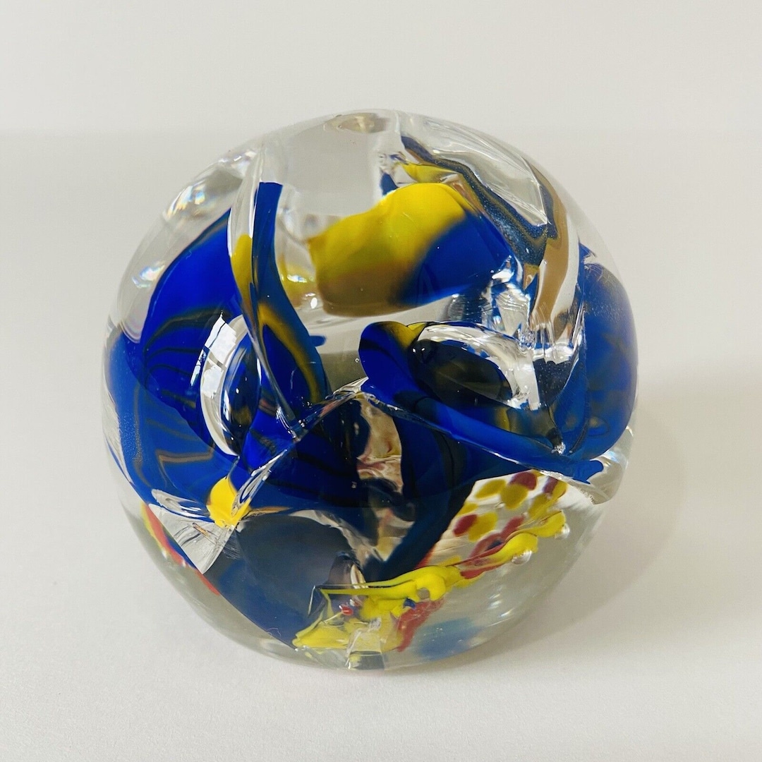 Vintage Round Glass Paperweight Blue Red Trumpet Flowers & Controlled ...