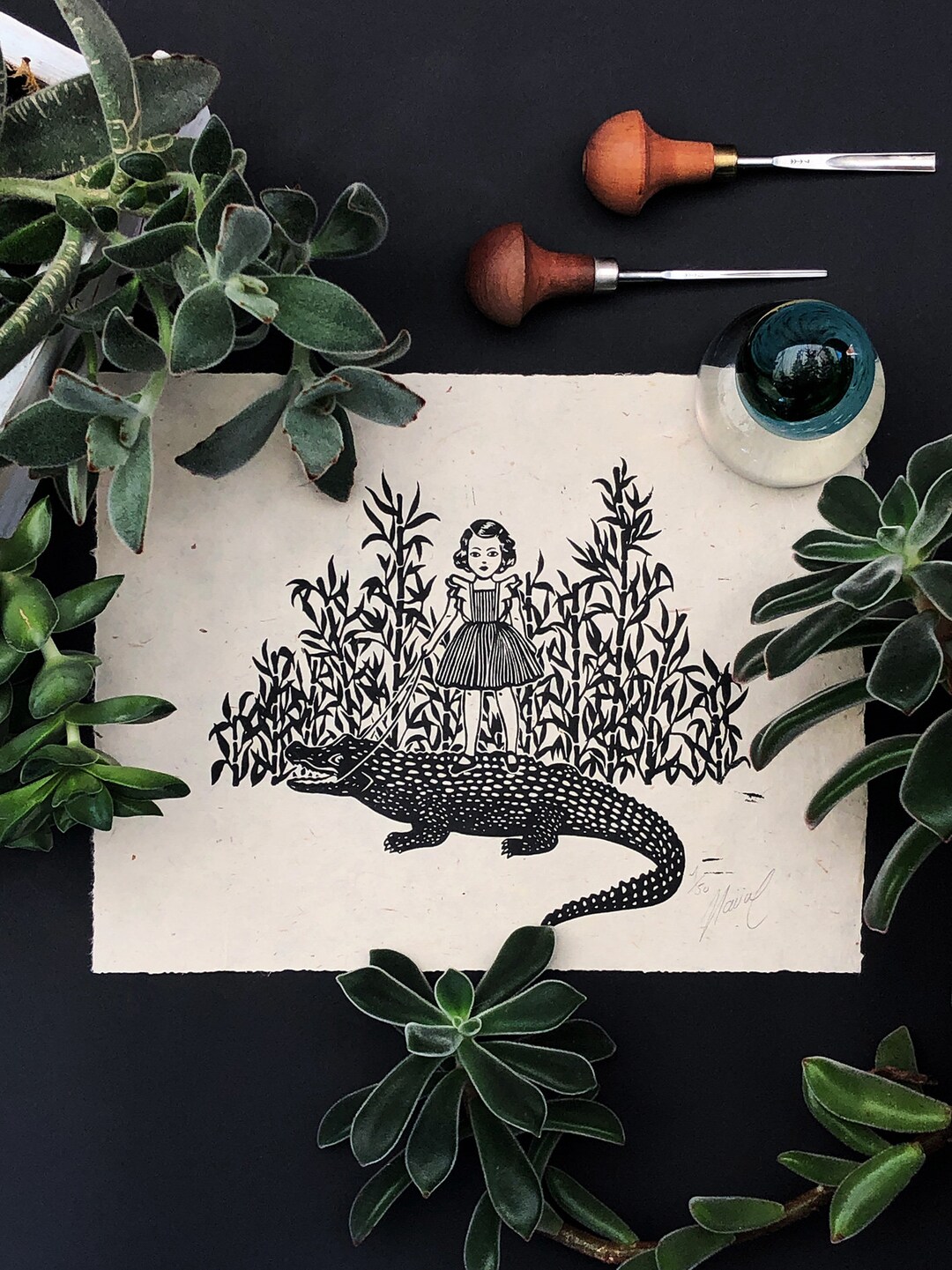 The Little Crocodile Tamer - Linocut Print Limited Edition - Poetic ...