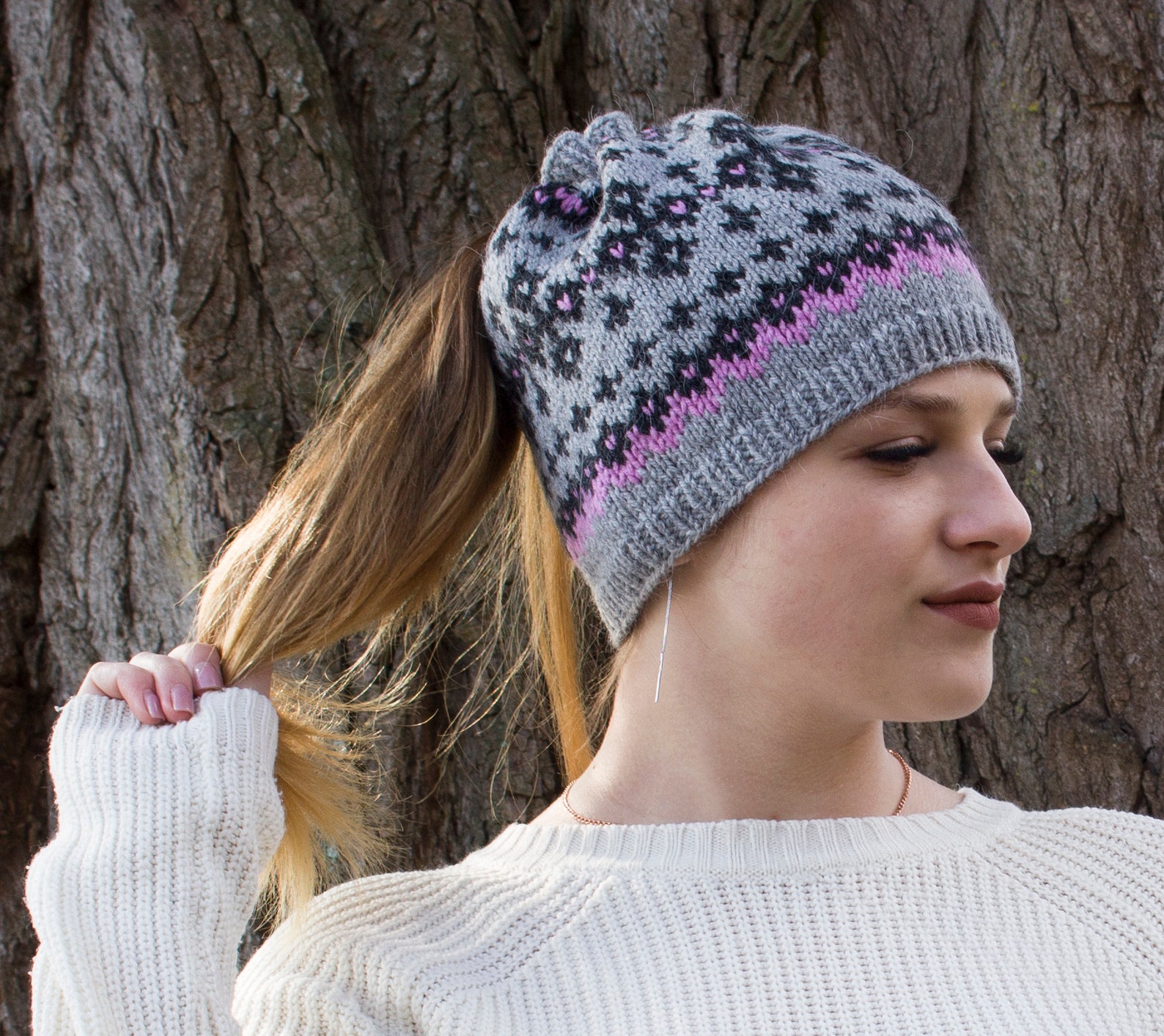 KNITTING PATTERN PDF Fair Isle Cowl Pattern Ponytail Hat | Etsy