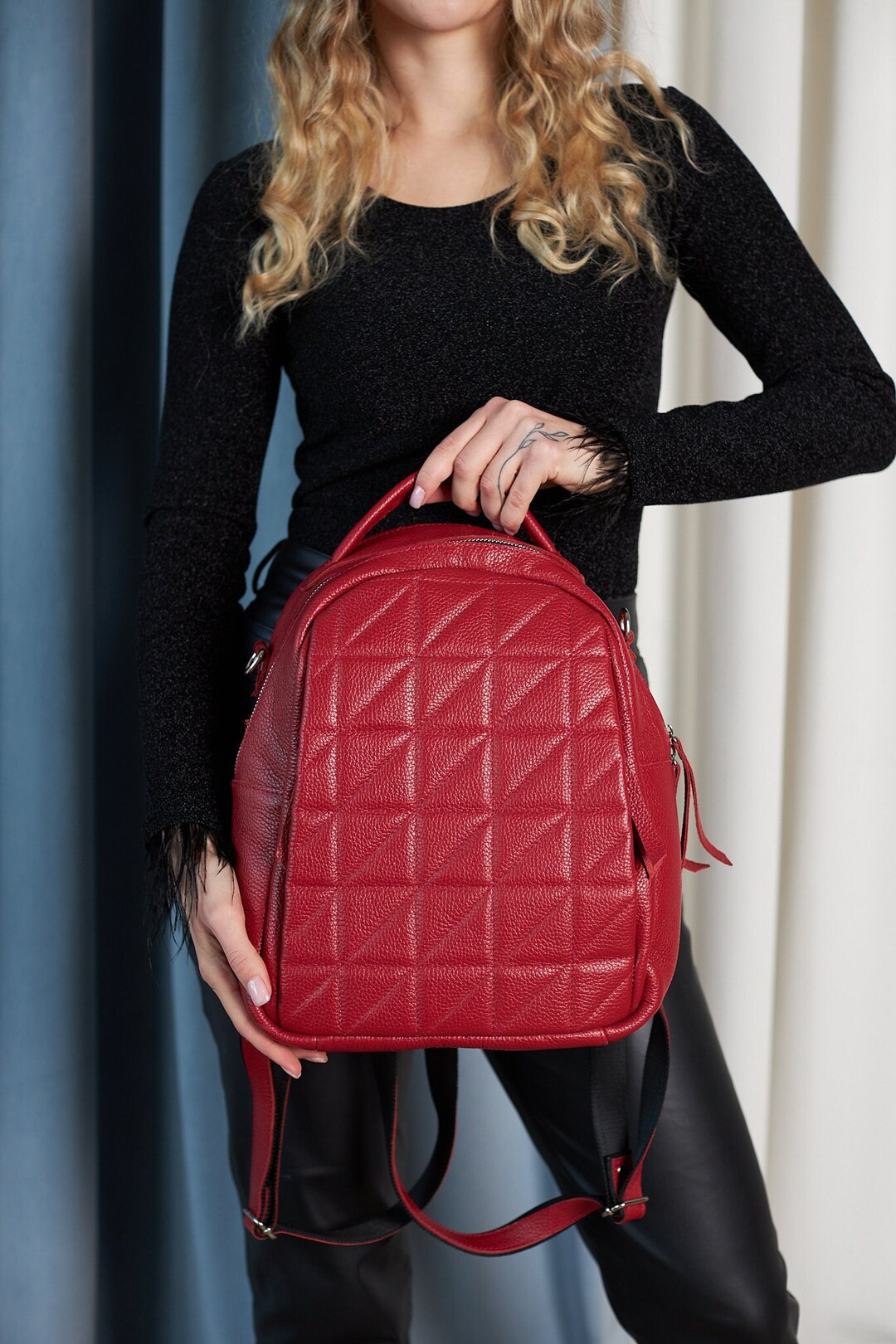 Red Leather Backpack, Denim Backpack, Women Backpack, Monogrammed ...