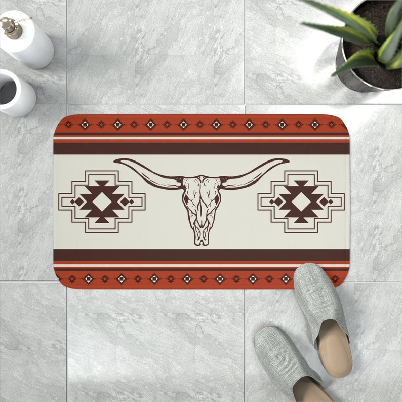 Texas Longhorn Southwestern Bath Mat, Aztec Print Bath Mat, Memory Foam ...
