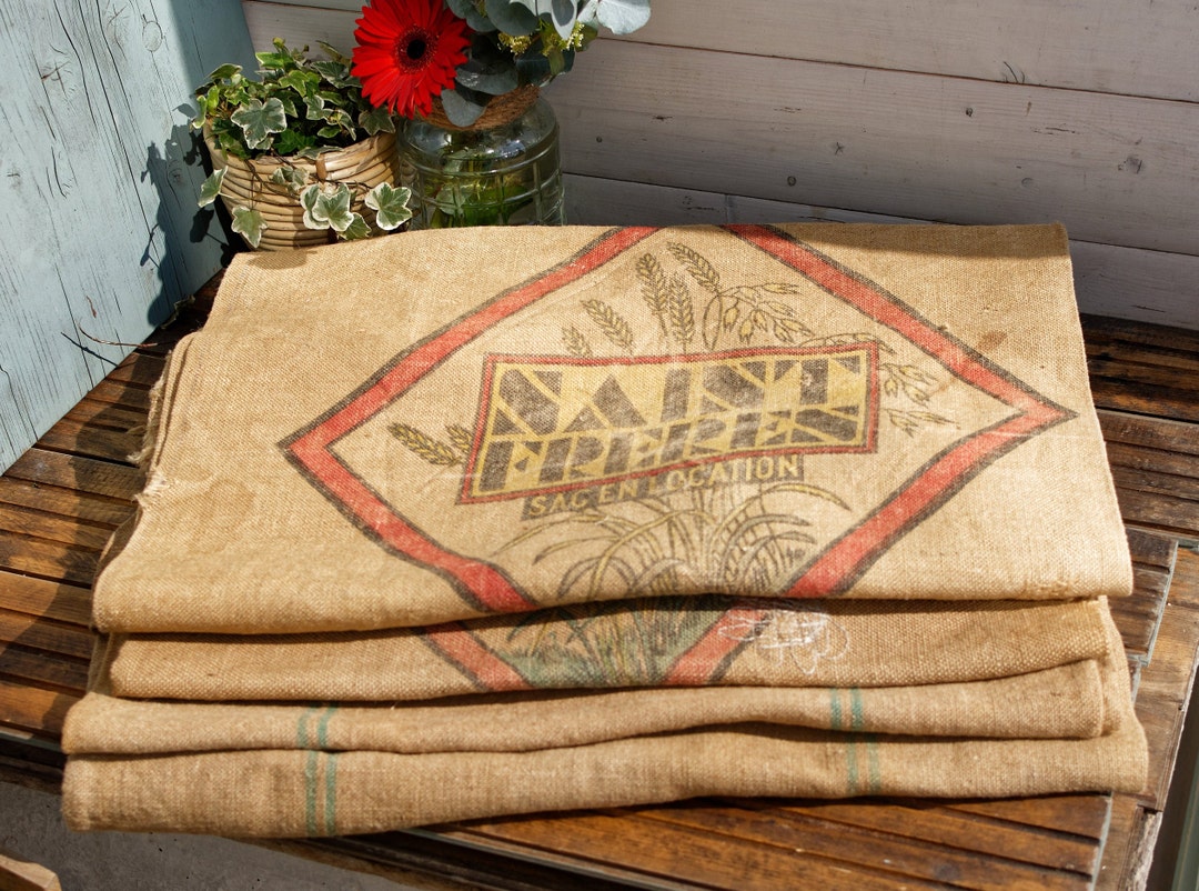 French Vintage Antique Rustic Farmers Jute Grain Sack Advertising Bag ...