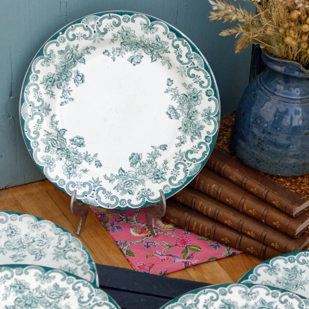 1880s/1900s French Antique Ironstone Green Transferware Dinner Plate ...