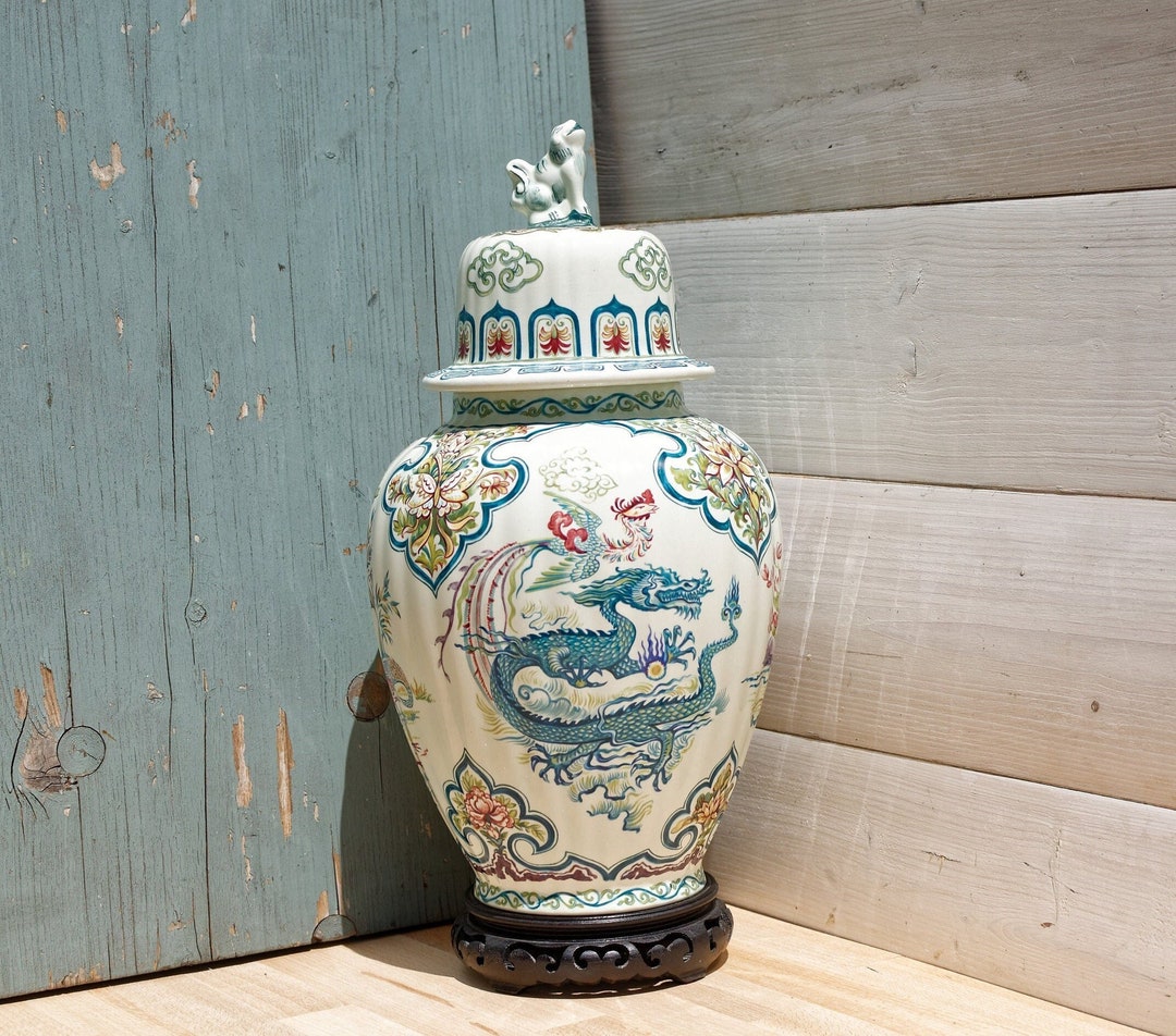 1950s Vintage BOCH Belgium Handmade Ginger Lidded Vase Changhai Motif ...