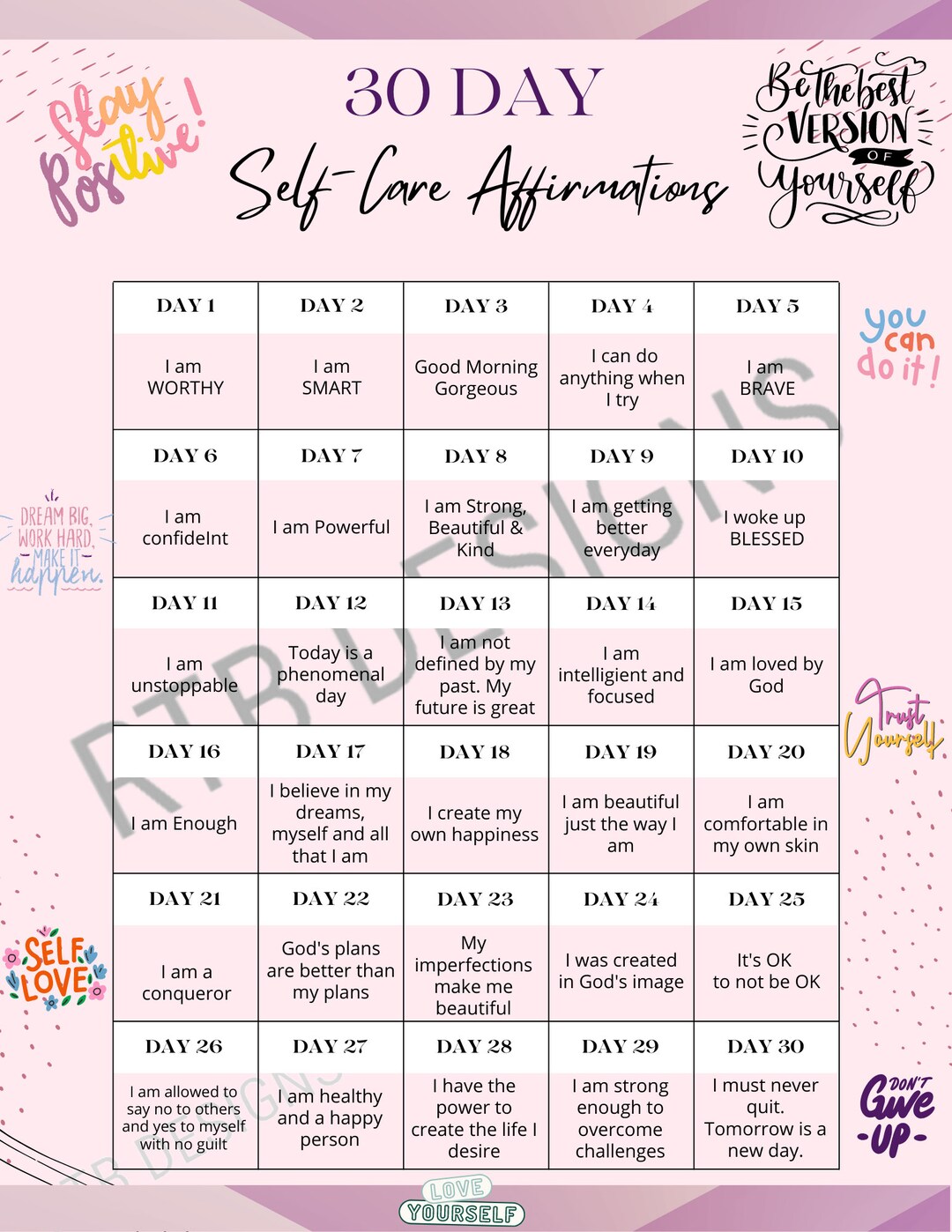 30 Day Self Love and Self Care Affirmations - Etsy