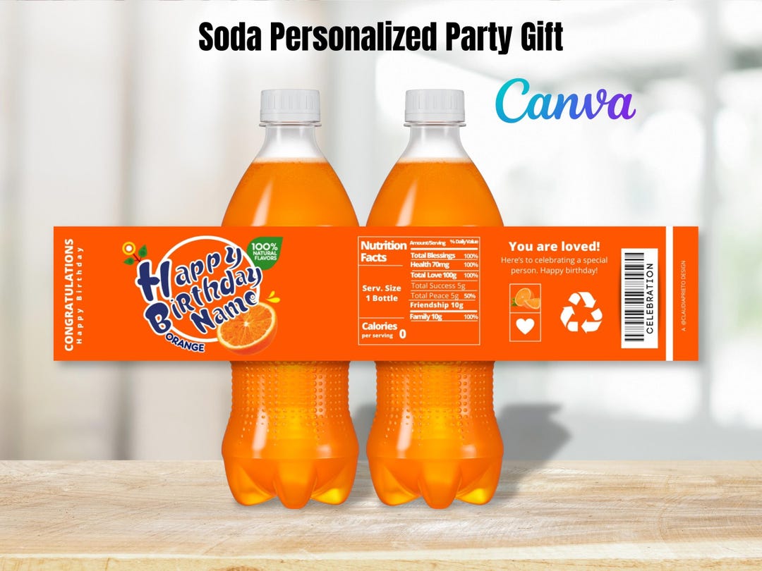 Editable Orange Soda Bottle Labels Template 20oz Canva Drink Labels ...