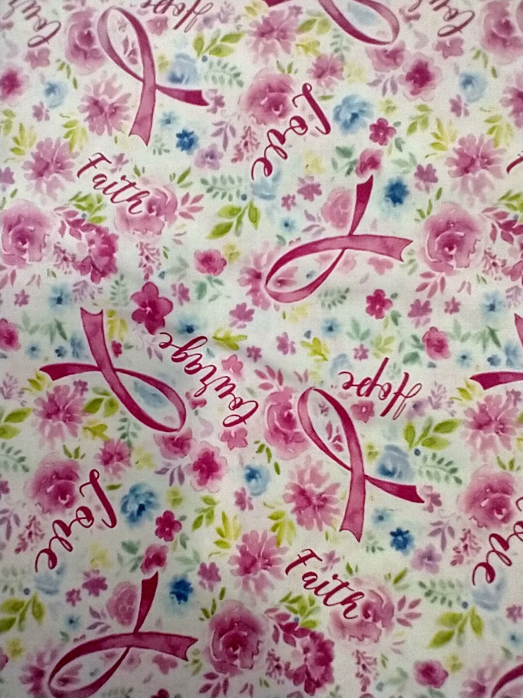 Breast Cancer Fabric, Ribbons, Flowers , Pink , White, Love , Faith ...