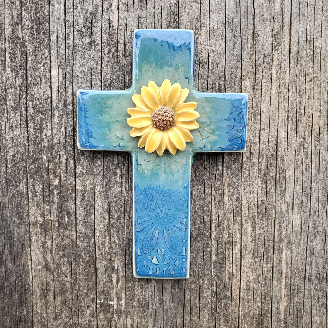 Blue Ceramic Cross With Daisy, Christian Wall Art - Etsy
