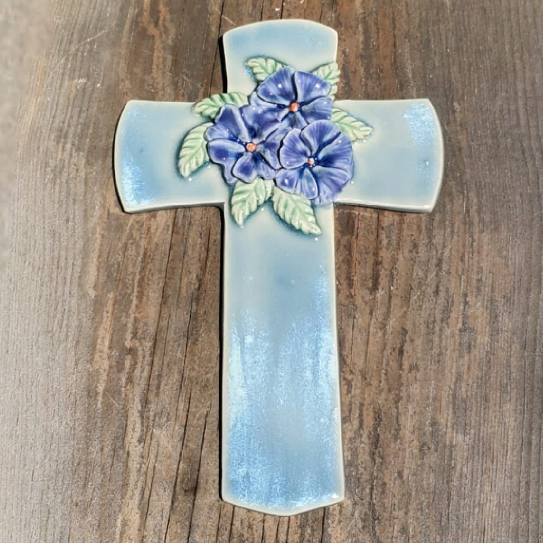Light Blue Ceramic Cross With Pupele Flowers, Handmade Christian Wall ...
