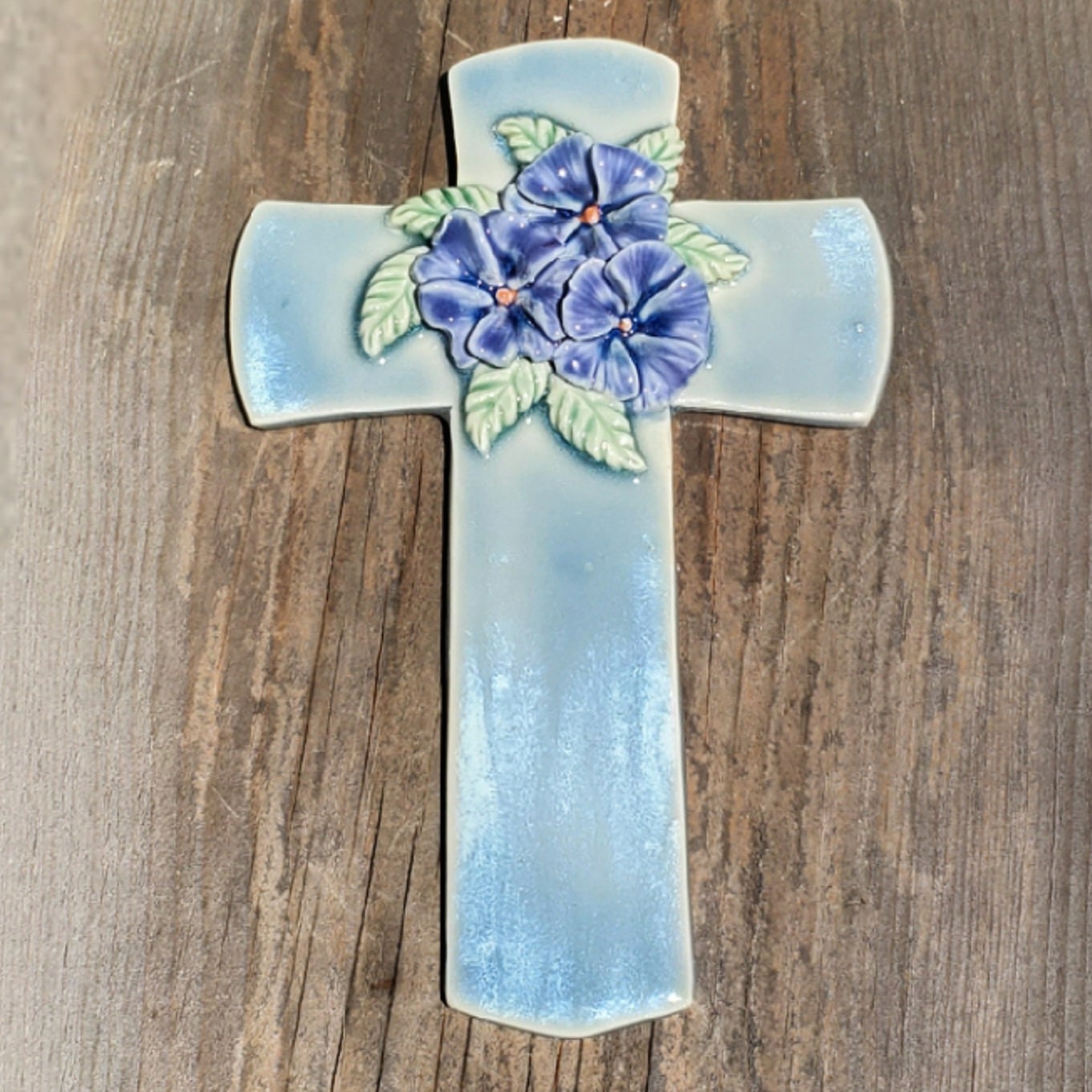Light Blue Ceramic Cross With Pupele Flowers, Handmade Christian Wall ...