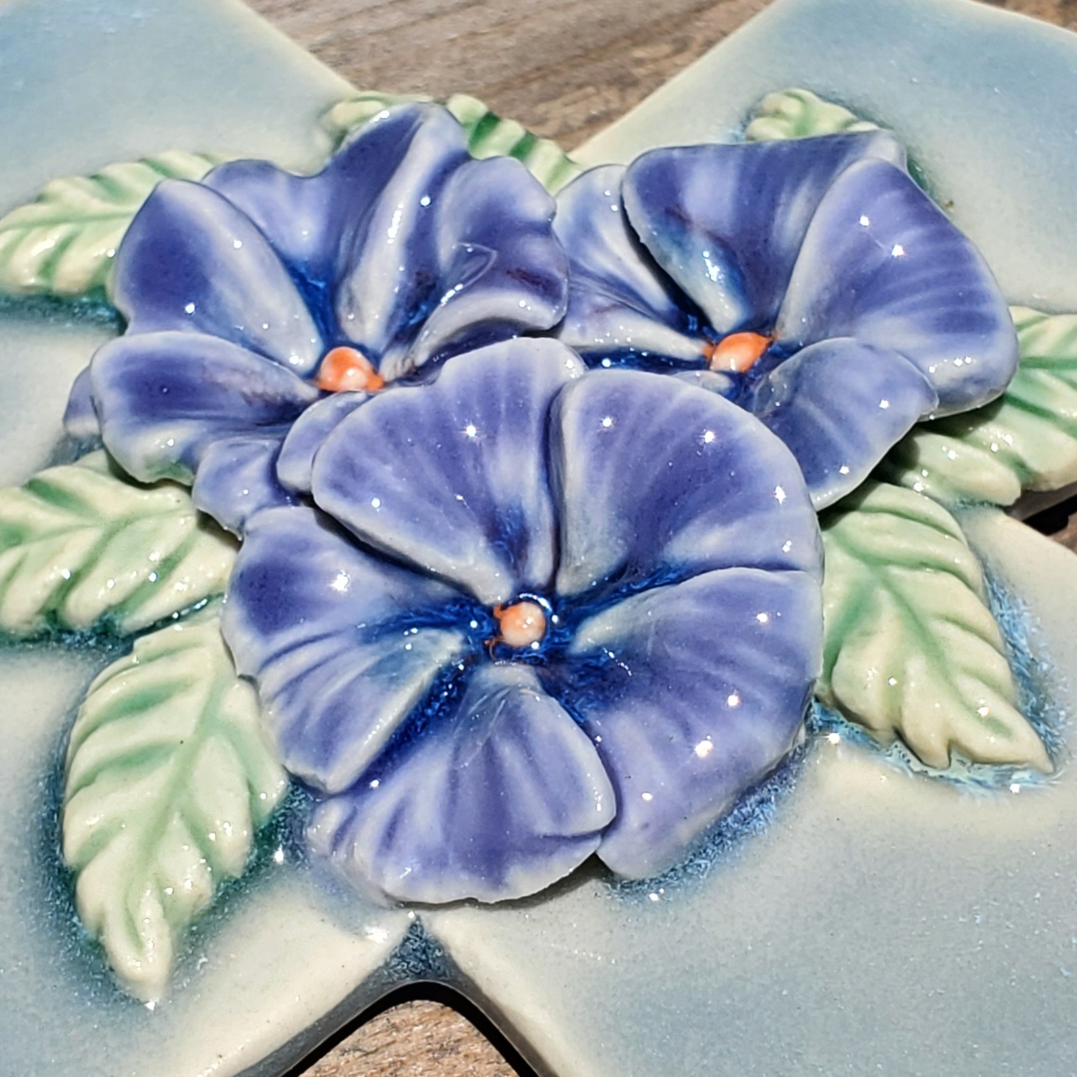 Light Blue Ceramic Cross With Pupele Flowers, Handmade Christian Wall ...