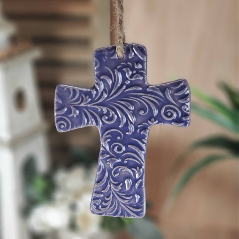 Ceramic Cross Ornament, Handmade Textured Pottery, Indoor or Outdoor ...