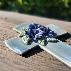 Light Blue Ceramic Cross With Pupele Flowers, Handmade Christian Wall ...