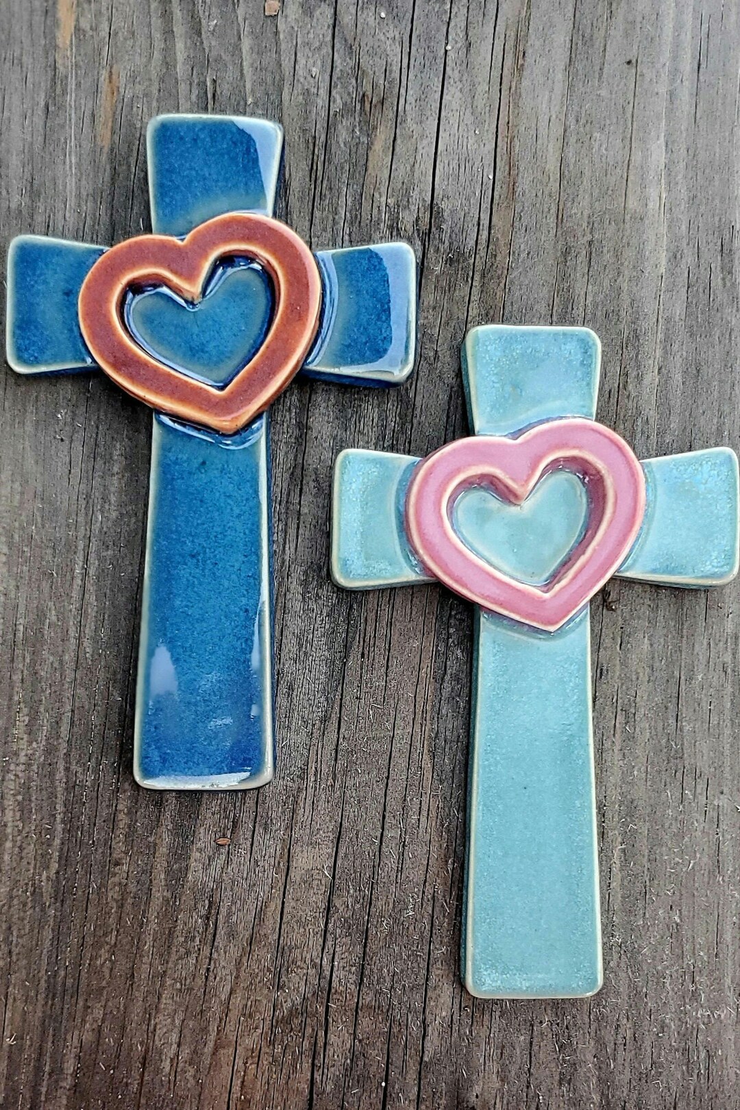 Blue Ceramic Cross With Heart - Handmade Christian Wall Art - Etsy