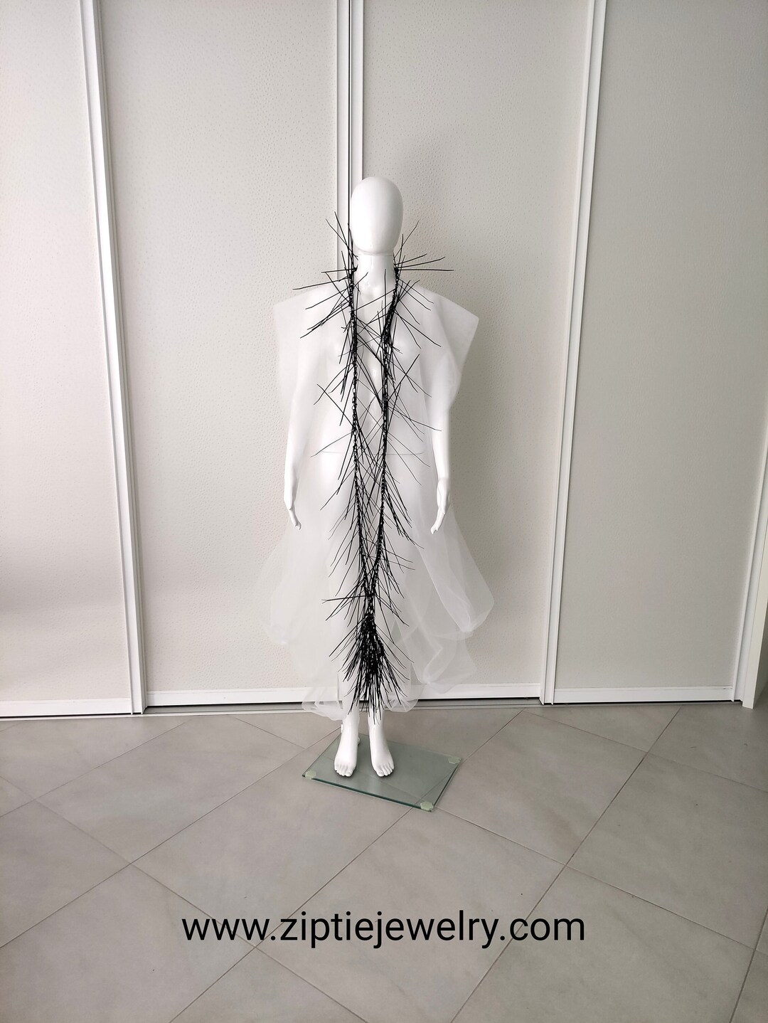 Black Zip Tie Futuristic Super Long Necklace / XXL Long Spike Neck ...