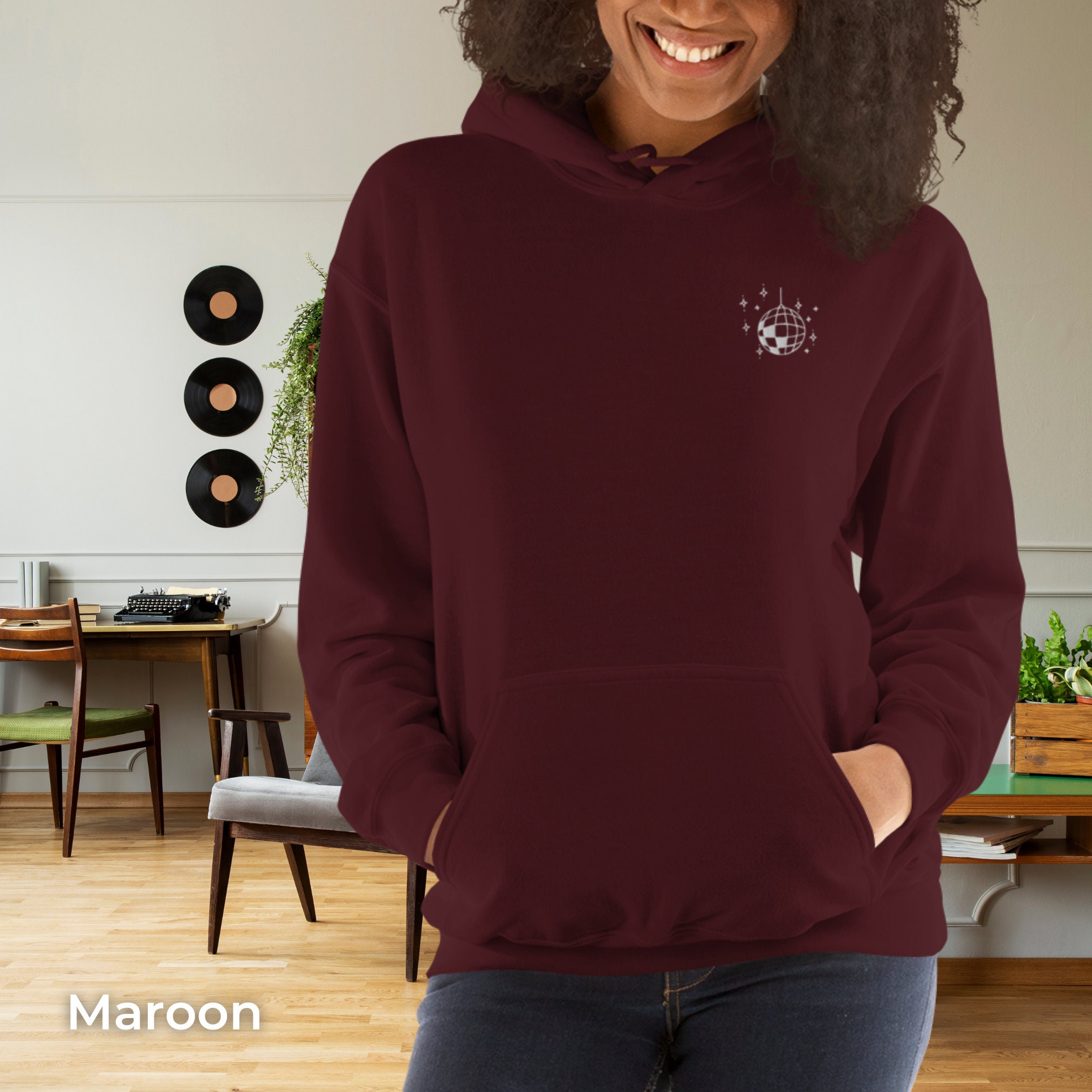 Embroidered Disco Ball Unisex Hoodie White Stitching | Groovy, Disco ...
