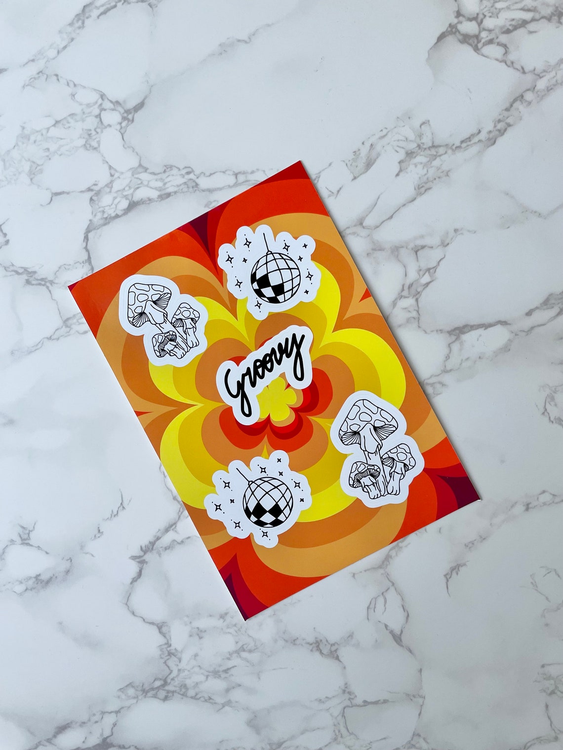 Groovy Sticker Sheet | Hand Drawn Disco Ball and Mushroom Design, Tie ...