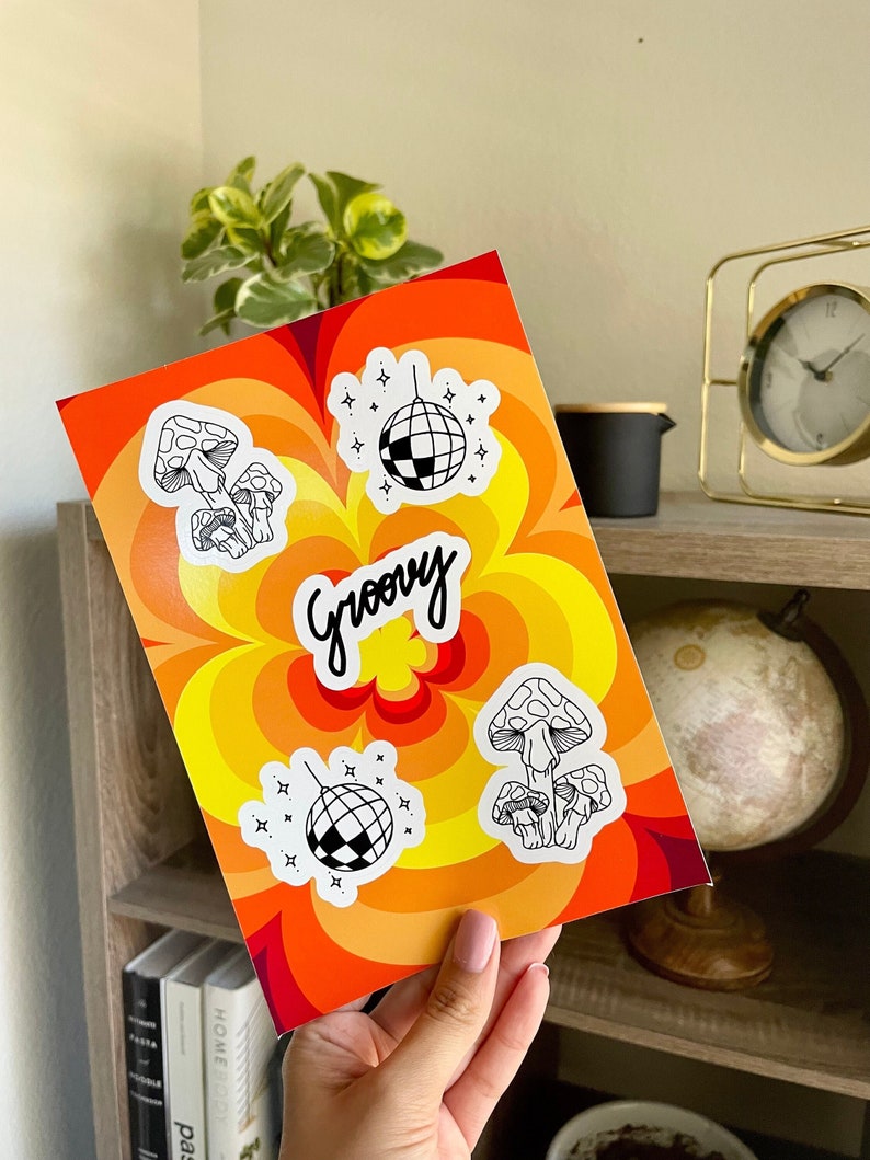 Groovy Sticker Sheet | Hand Drawn Disco Ball and Mushroom Design, Tie ...