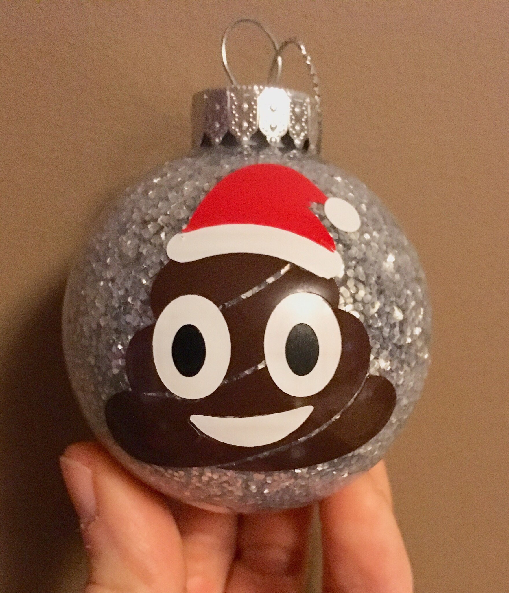Santa Poop Emoji Silver Glitter Christmas Tree Ornament. Glitter ...