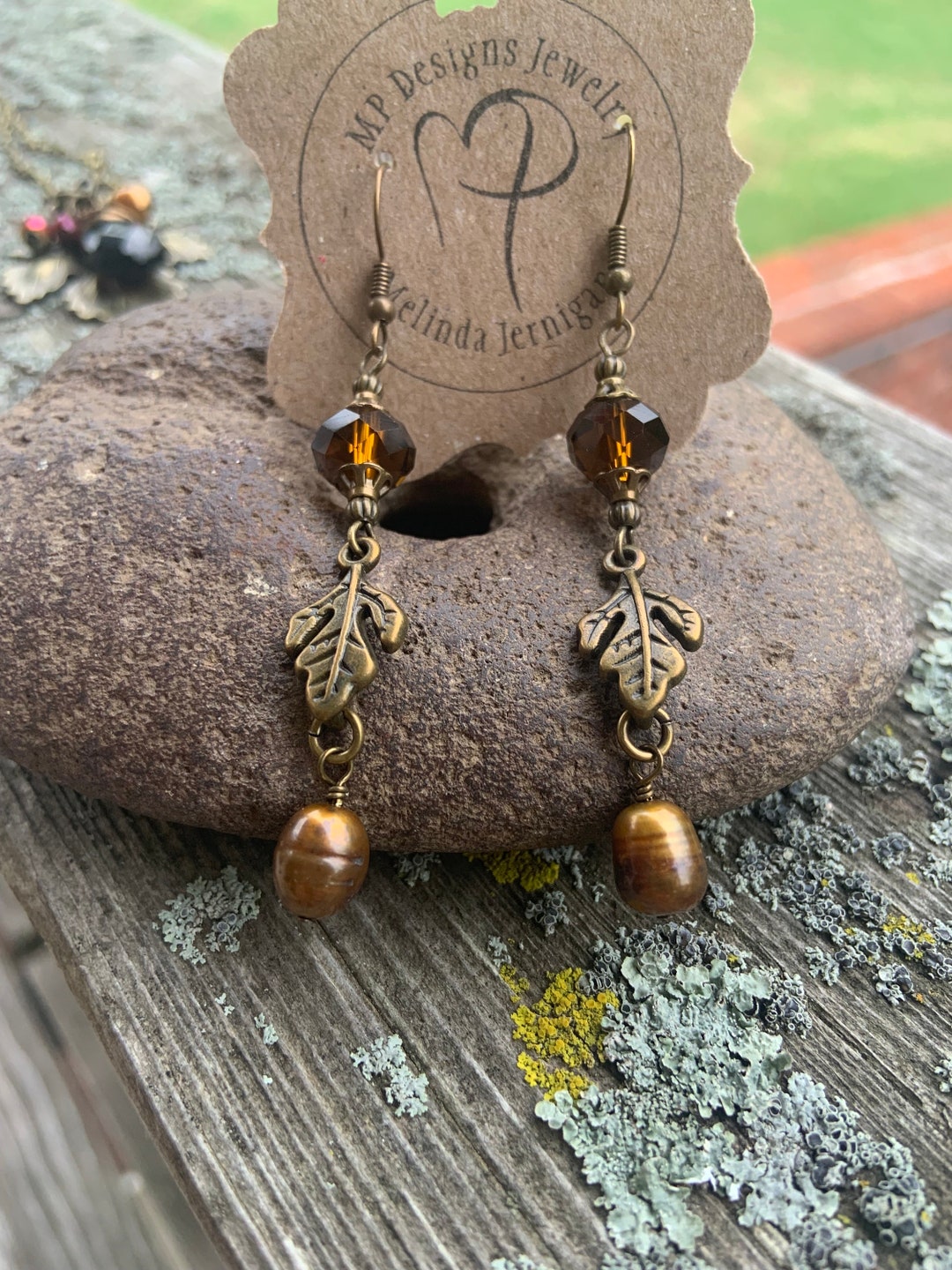 Bronze Fall Leaf Earrings With Smokey Brown Crystals and Copper Pearls ...