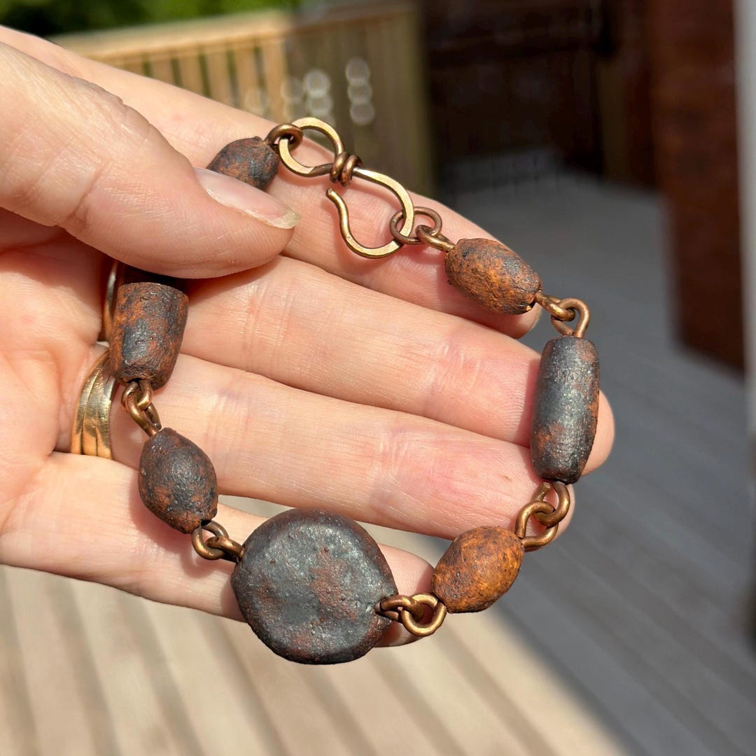 Rustic Clay Bead Stoneware Link Bracelet: Oxidized Copper Artisan Hand ...