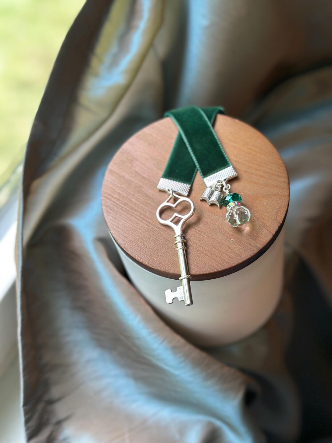 Emerald Green Velvet Ribbon Bookmark With Crystal and Large Key Silver ...