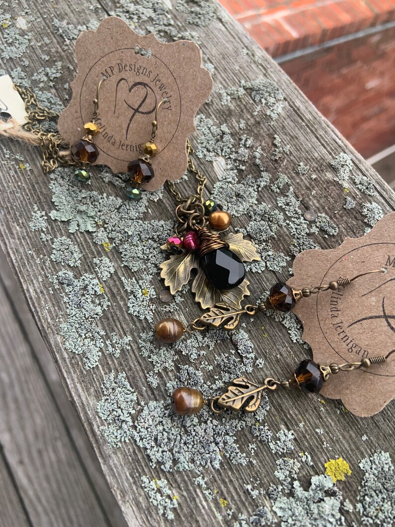 Bronze Fall Leaf Earrings With Smokey Brown Crystals and Copper Pearls ...