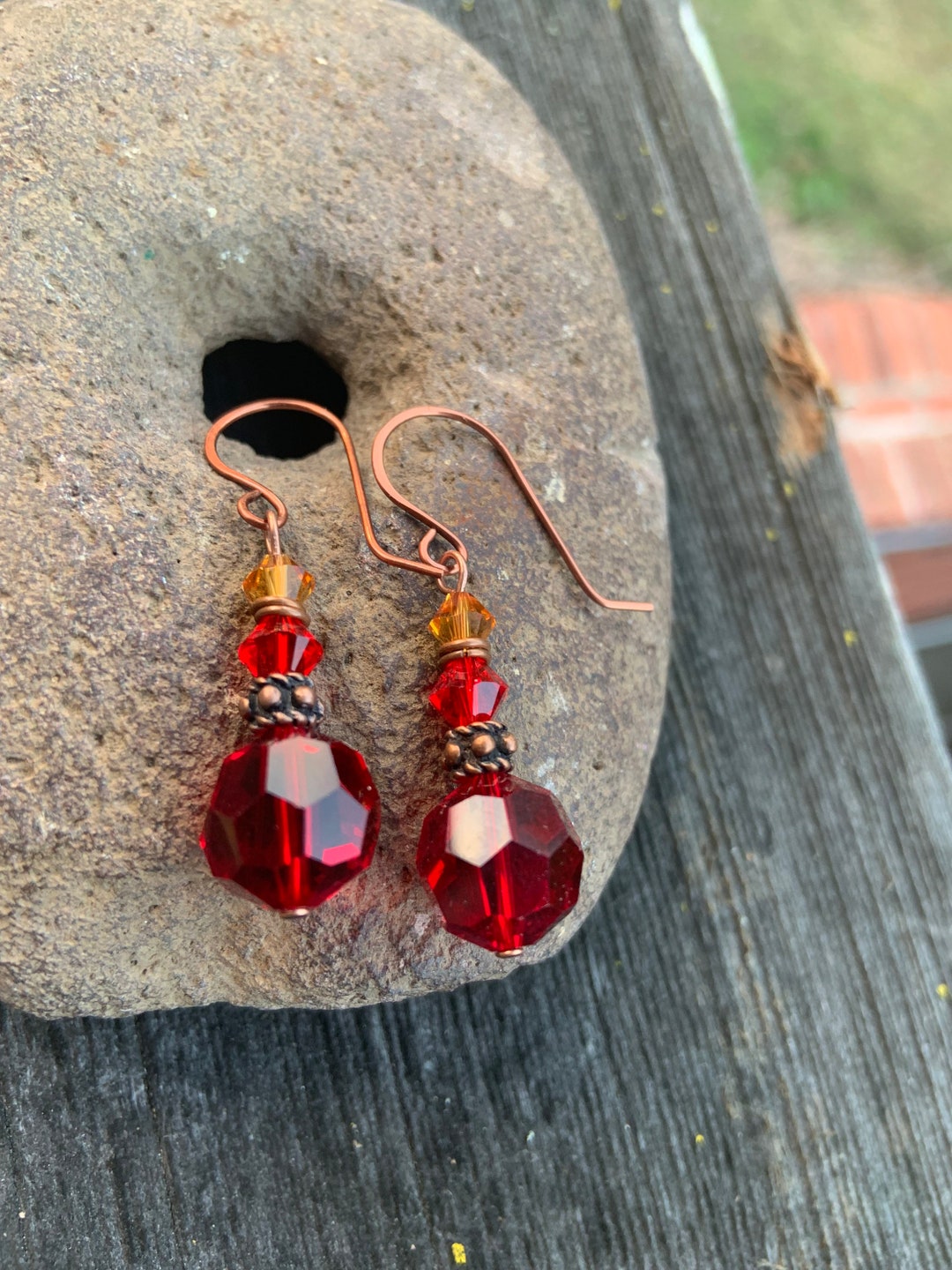 Red and Gold Crystal Earrings: Copper Vintage Inspired Party Dangles - Etsy