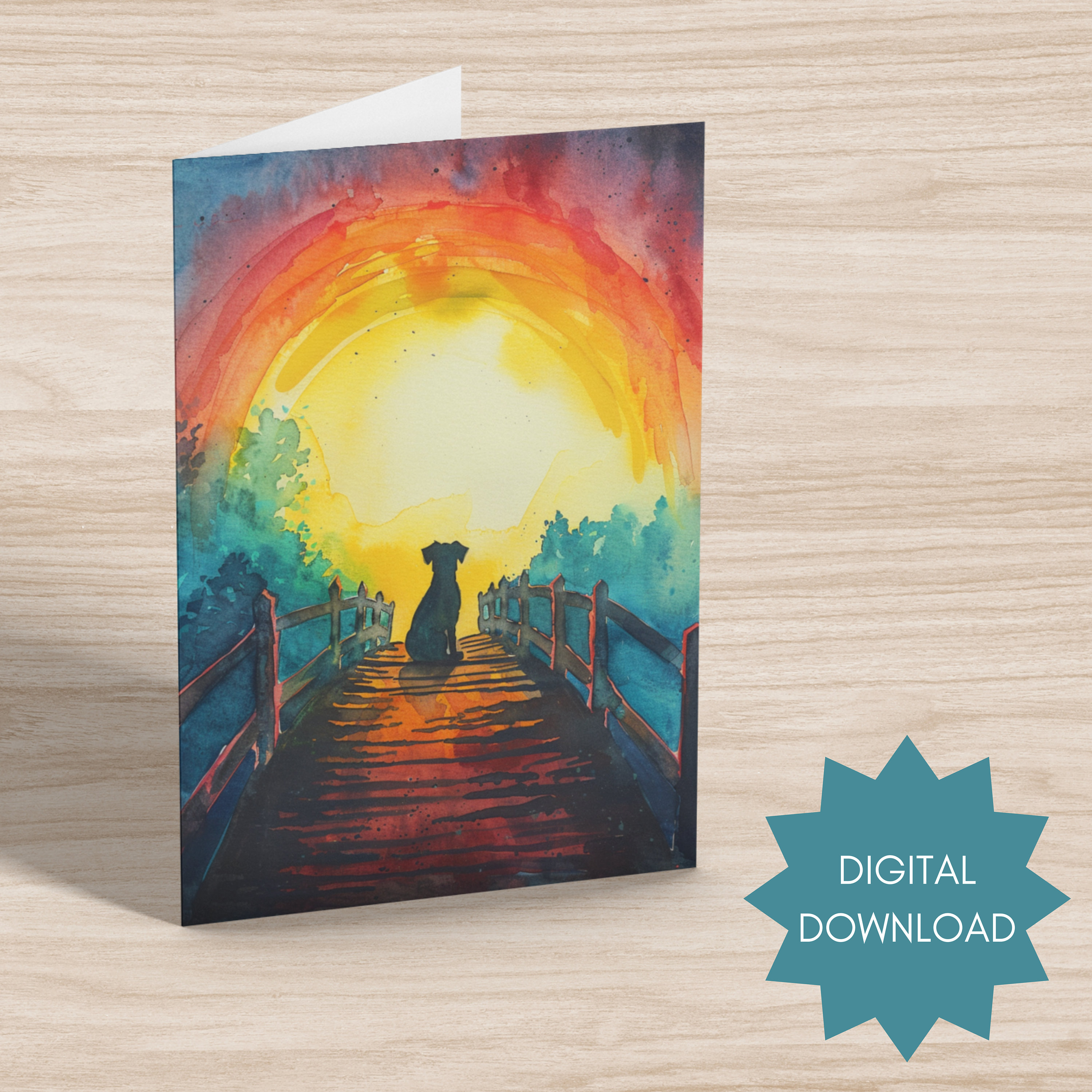 Dog at the Rainbow Bridge Sympathy Card - Pet Loss Card - Dog Sympathy ...
