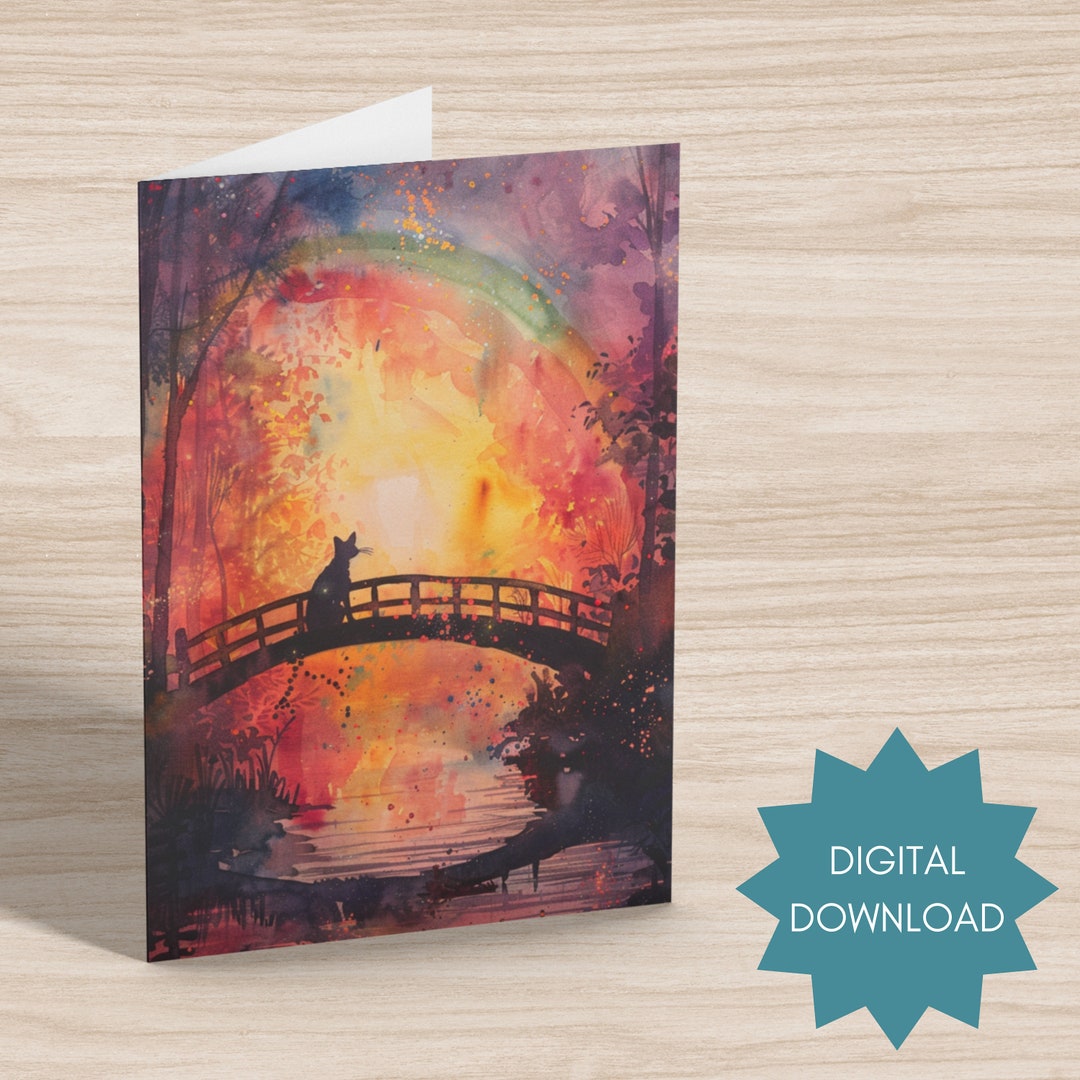 Cat at the Rainbow Bridge Printable Card - Cat Sympathy Card - Pet Loss ...