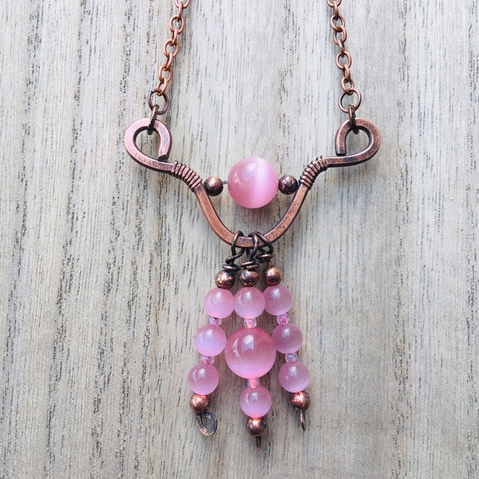 Wire wrapped necklace Pink cats eye beaded copper wire | Etsy