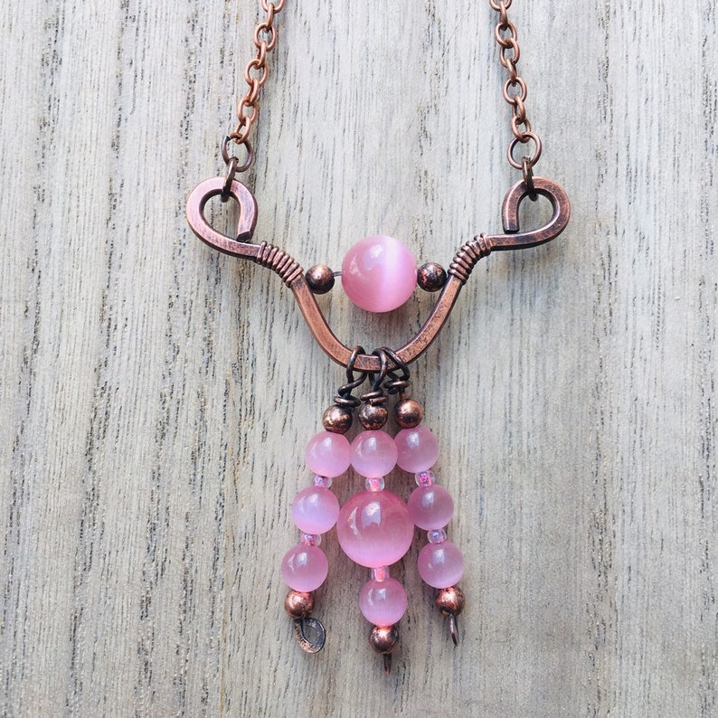 Wire wrapped necklace Pink cats eye beaded copper wire | Etsy