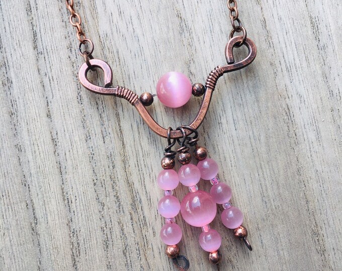 Wire Wrapped Necklace pink Cats Eye Beaded Copper Wire - Etsy