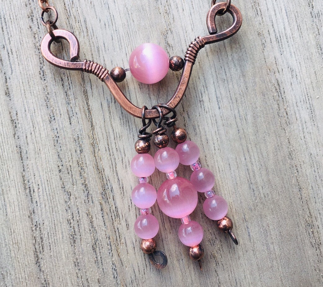 Wire wrapped necklace Pink cats eye beaded copper wire | Etsy