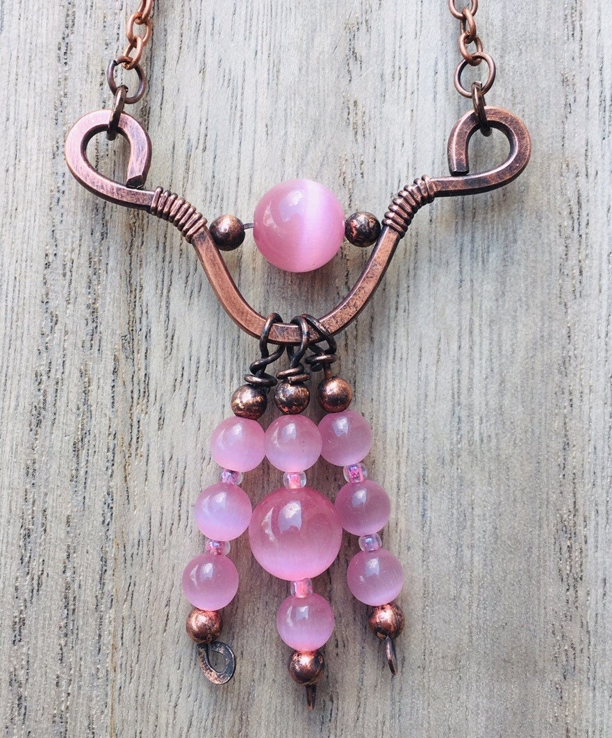 Wire wrapped necklace Pink cats eye beaded copper wire | Etsy