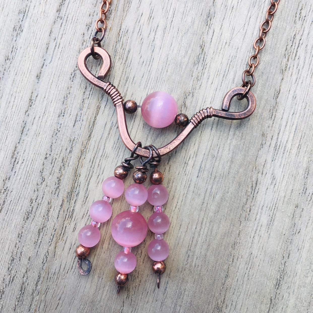 Wire wrapped necklace Pink cats eye beaded copper wire | Etsy